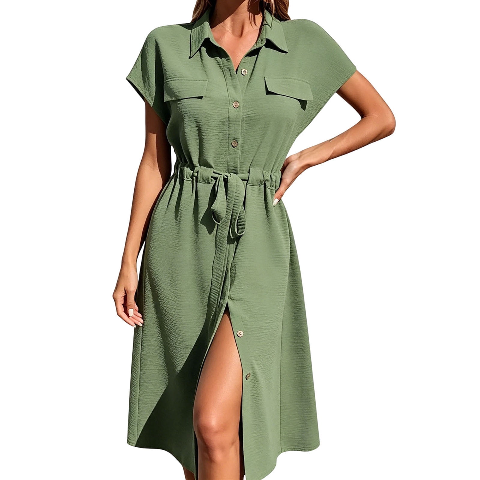 YUGYXL Womens Casual Midi Dresses Solid V Neck Short Sleeve Button Down ...