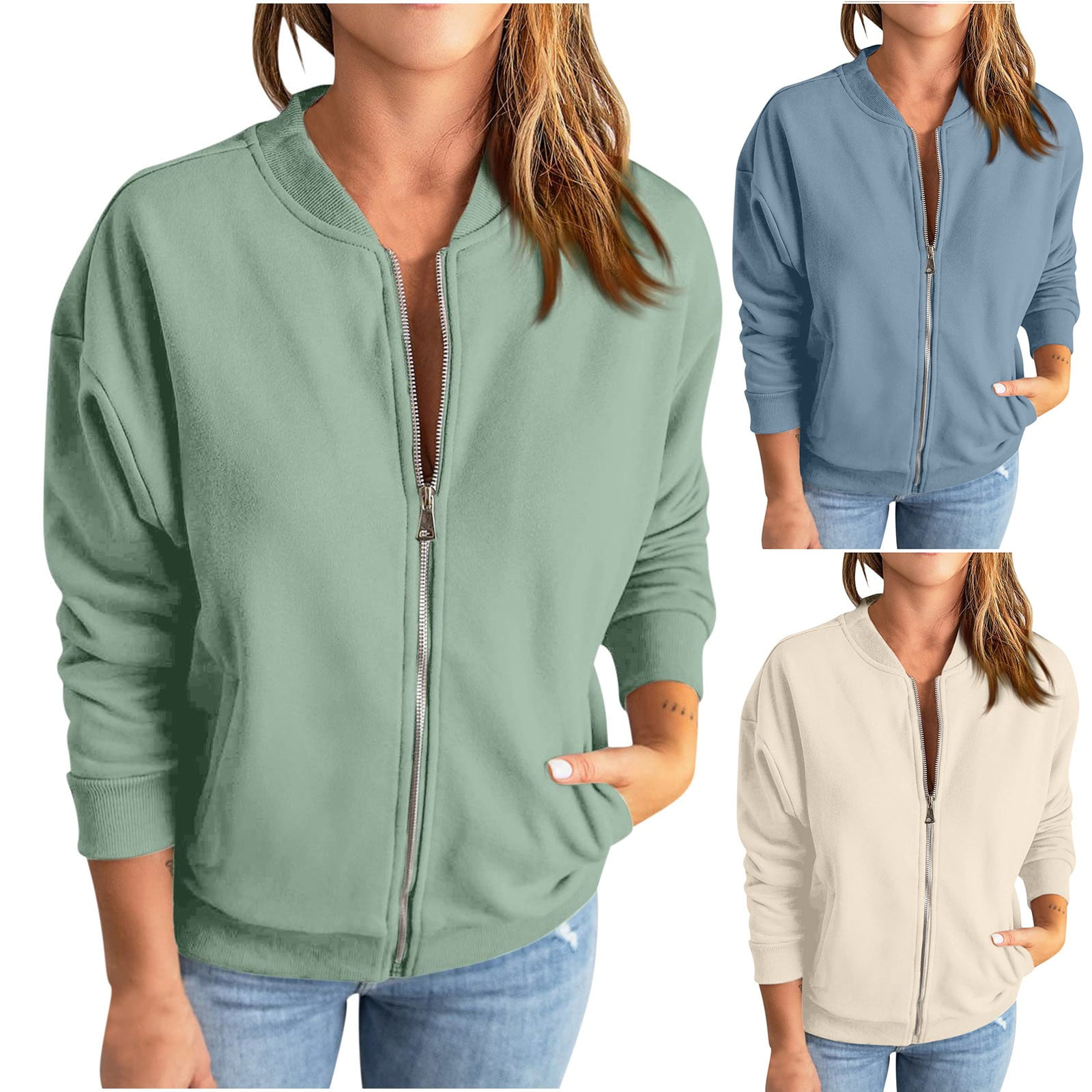 YUGYXL Womens Casual Zip Jackets Trendy Tin Fleece Bomber Jacket Full ...