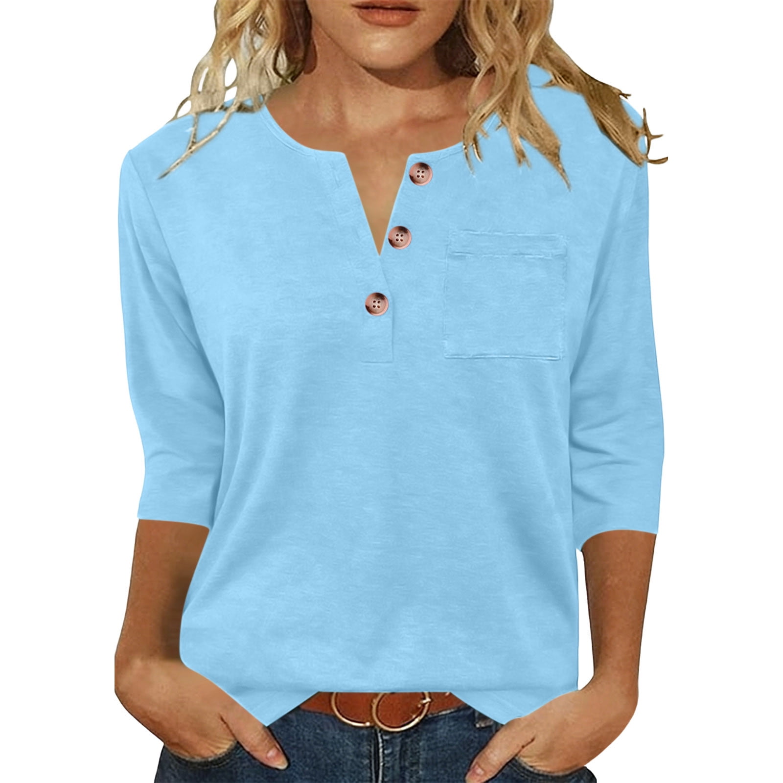 YUGYXL Womens Henley V Neck Tops 3/4 Sleeve Shirts Casual Button Down ...