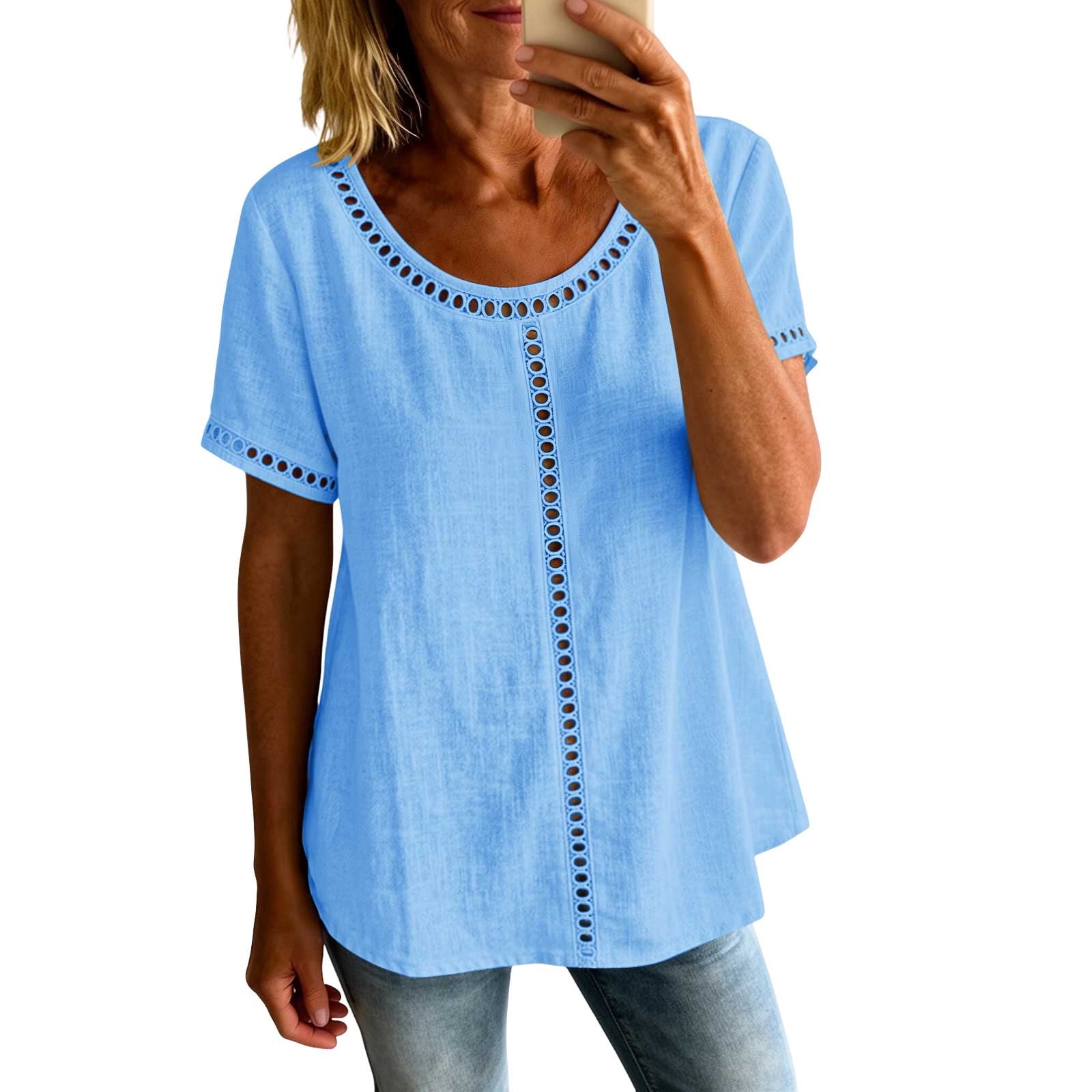 YUGYXL Womens Linen Tops Casual Short Sleele Crew Neck Tunic Blouses ...