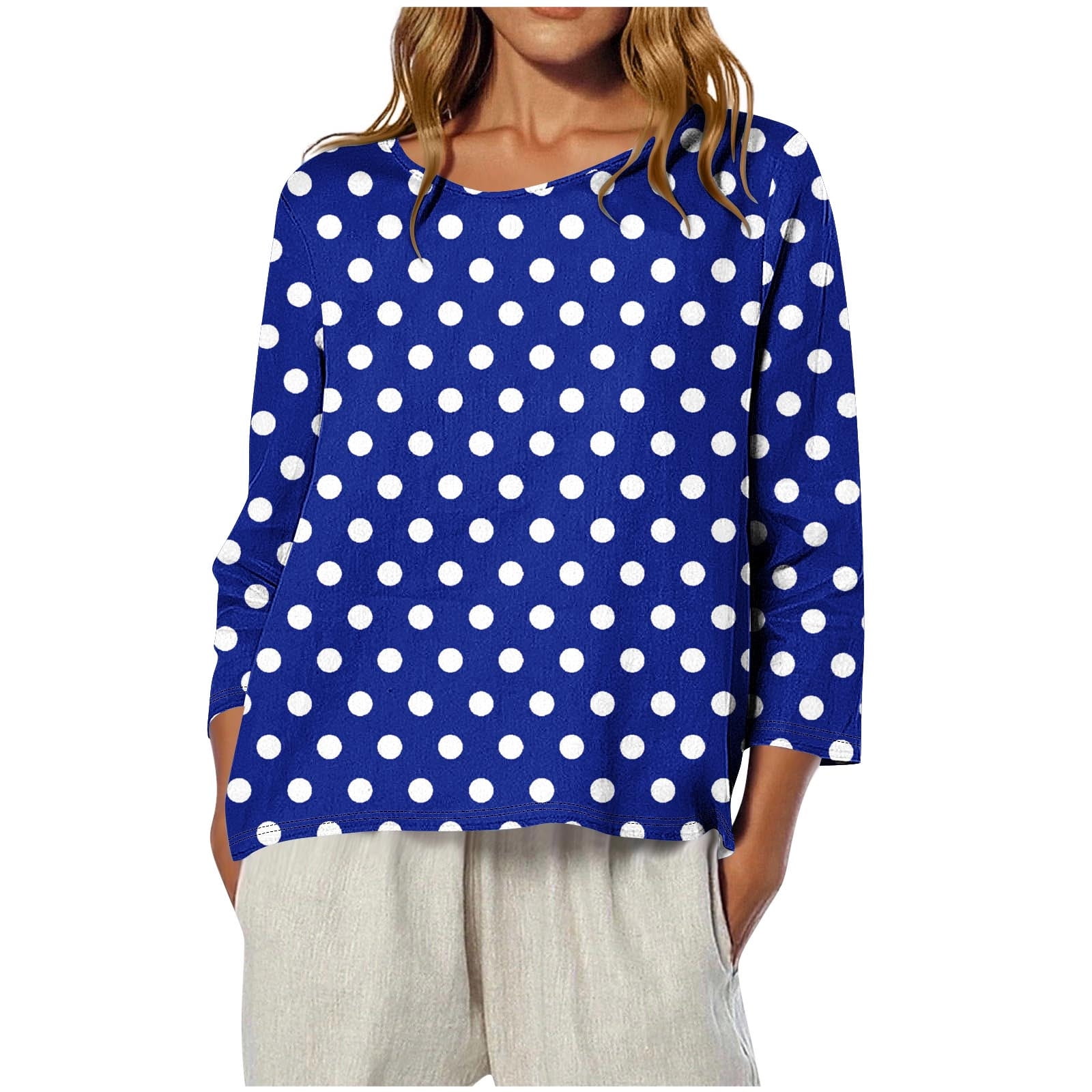 YUGYXL Womens Polk Dots T Shirts 3/4 Length Sleeve Crew Neck Tunic Tops ...