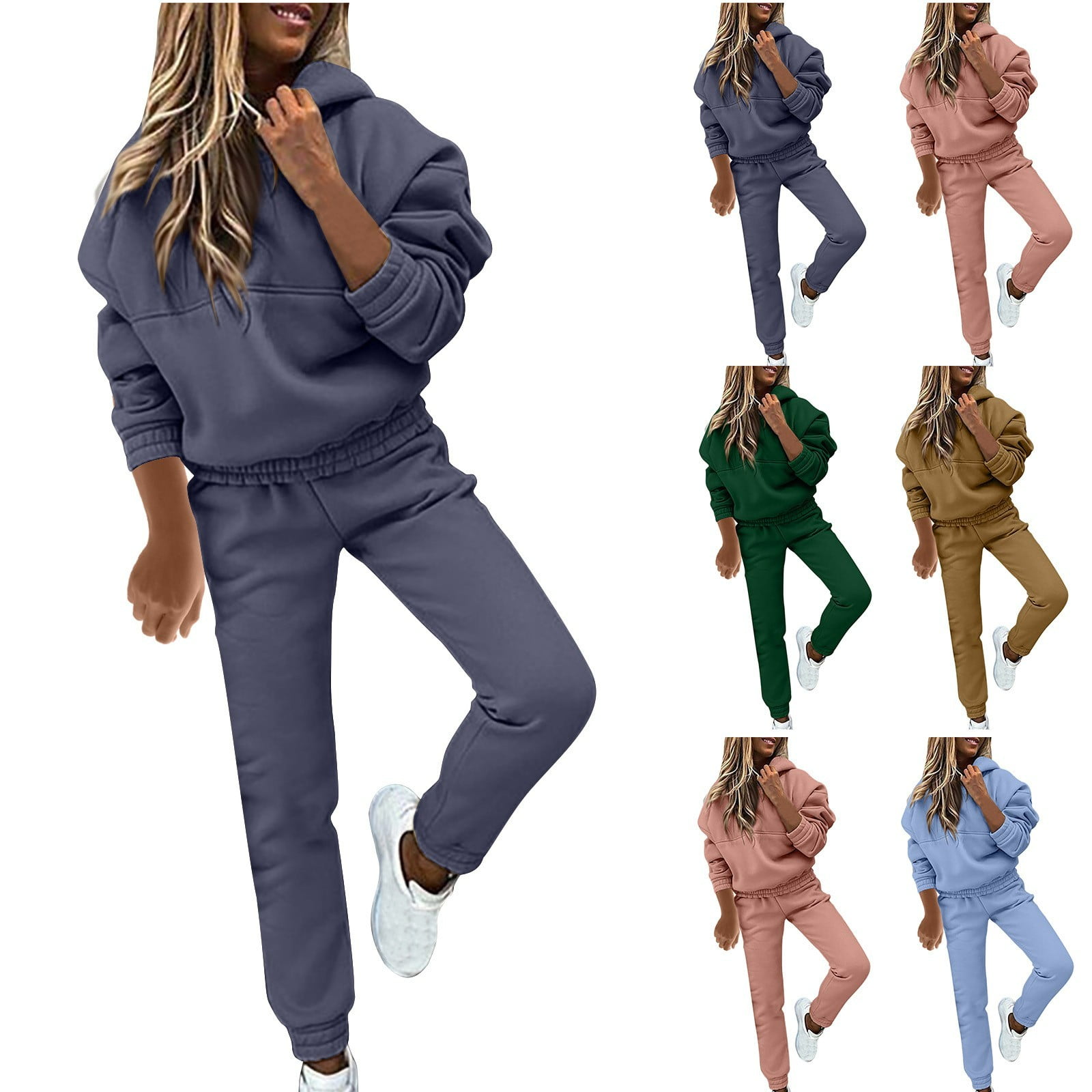 YUGYXL Womens Solid Color Sweatsuits 2 Piece Tracksuit Sets Thin Fleece Hoodie Sweatshirt Match ...