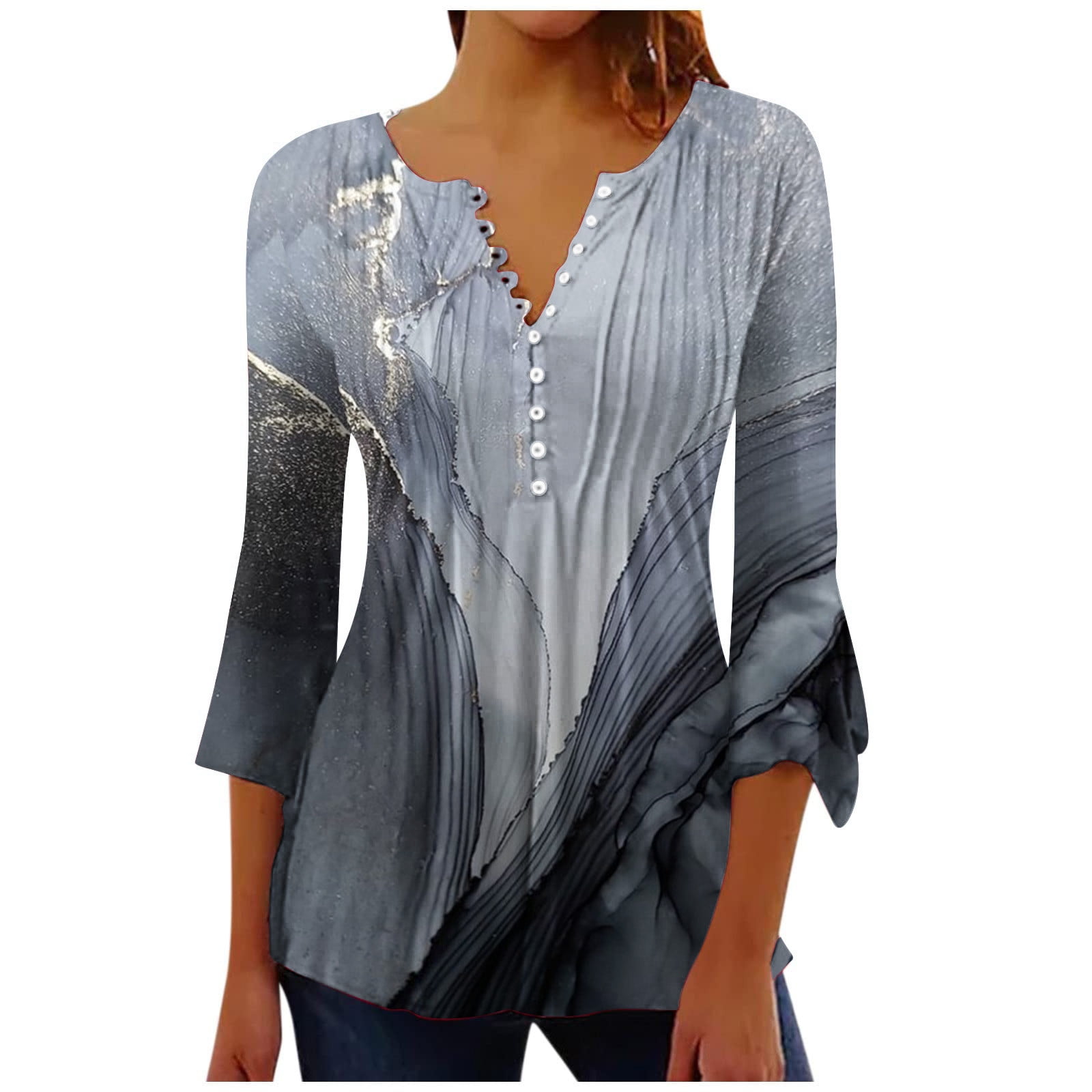 YUGYXL Womens Trendy 3/4 Bell Sleeve Blouse Casual Ruffled Floral ...