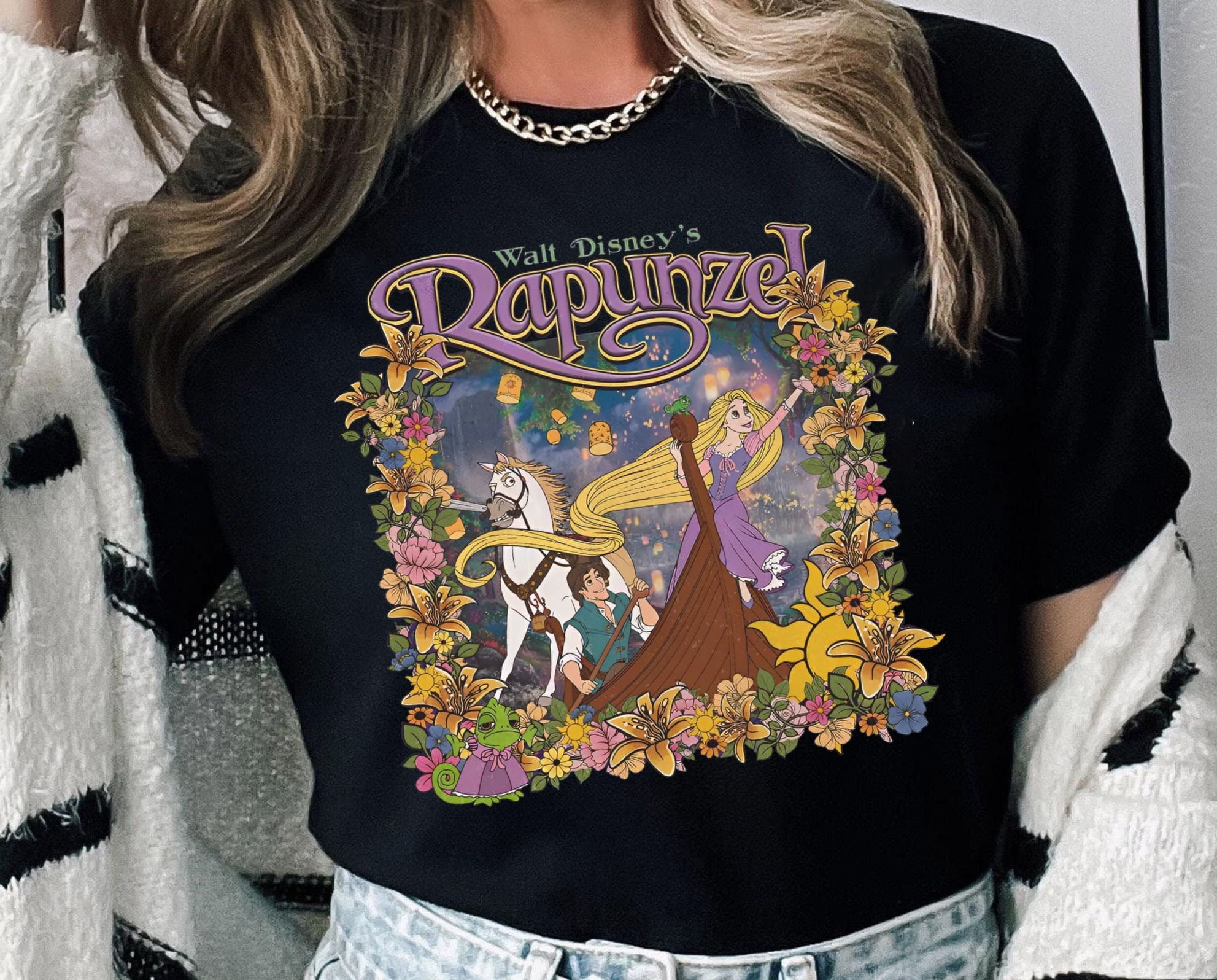 YUHAK Retro 90S Disney Tangled Group Shot Characters Shirt | Funny Rapunzel Flynn Rider TShirt ...