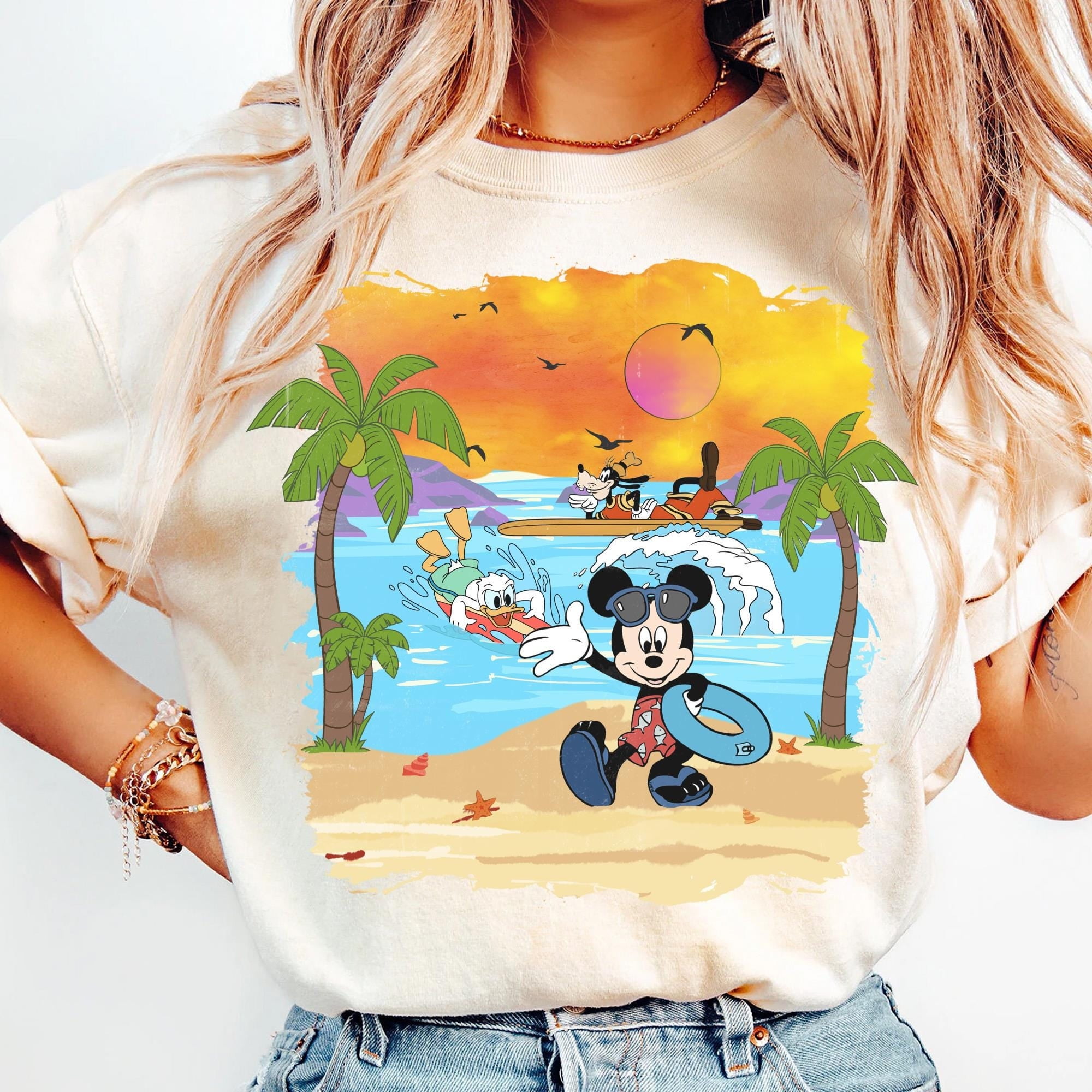 YUHAK Retro Disney Mickey Mouse And Friends Sunset Summer Beach Shirt, Disney Donald Duck Goofy ...