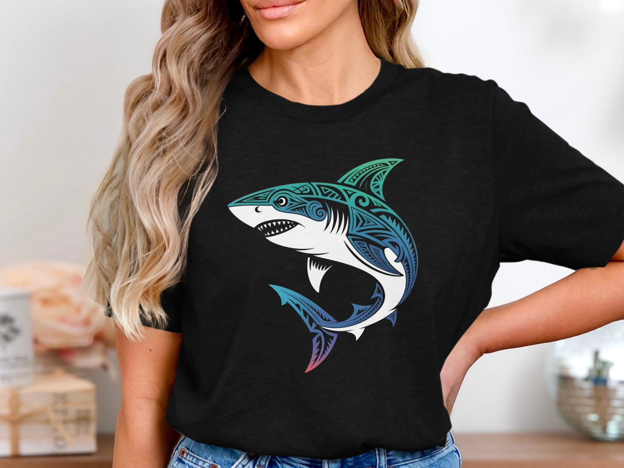 YUHAK Tribal Shark T-Shirt, Ocean Predator Graphic Tee, Polynesian ...