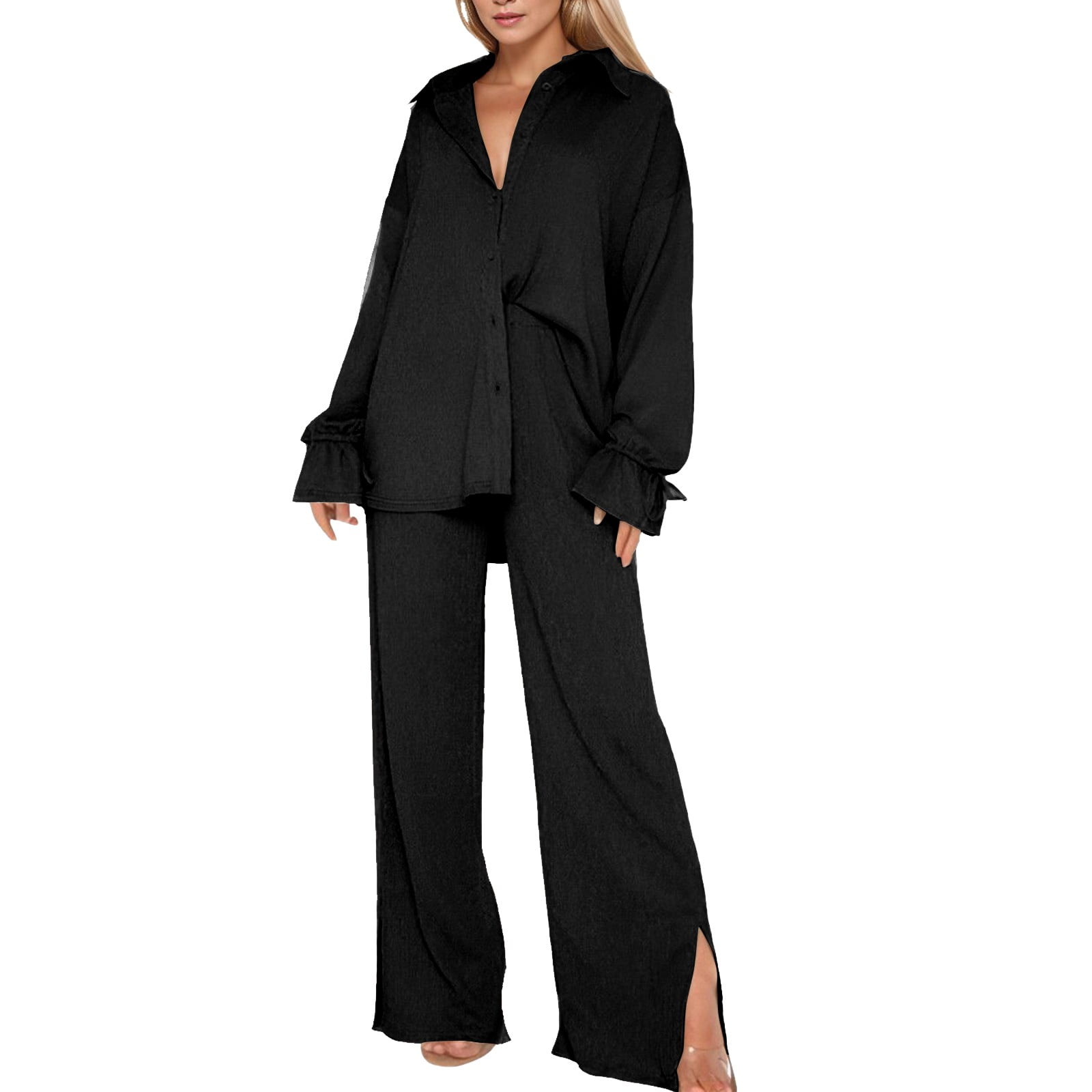 YUHAOTIN Blue Two Piece Set Women Solid Color Casual Single Button ...