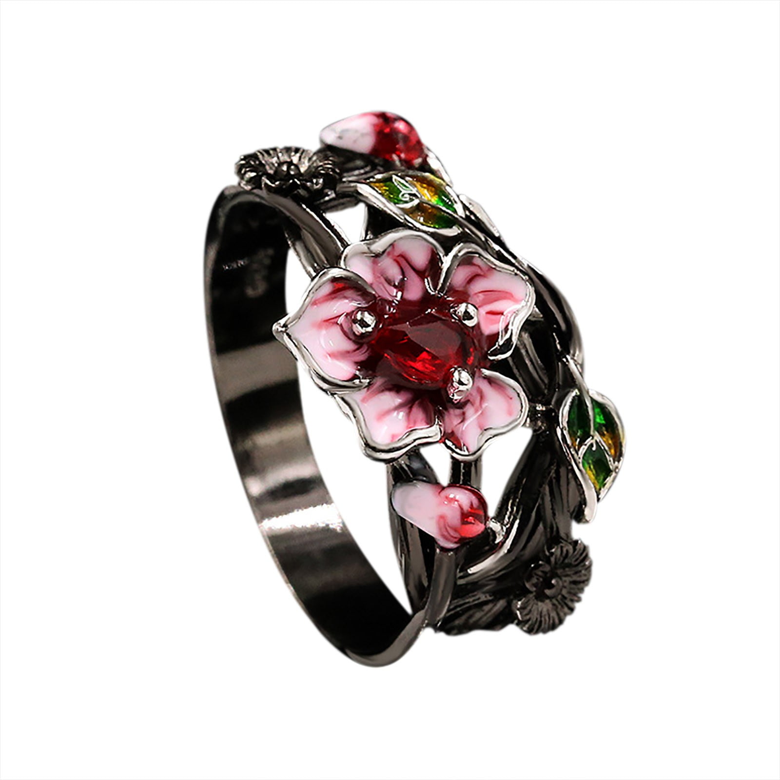 YUHAOTIN Couples Rings Black and Red Vintage Pink Blossoms Ring Boho ...