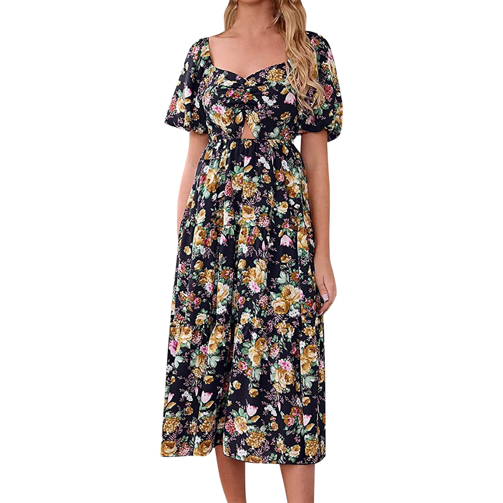 Yuhaotin Female Beach Dress Personality Vintage Printed Short Sleeved