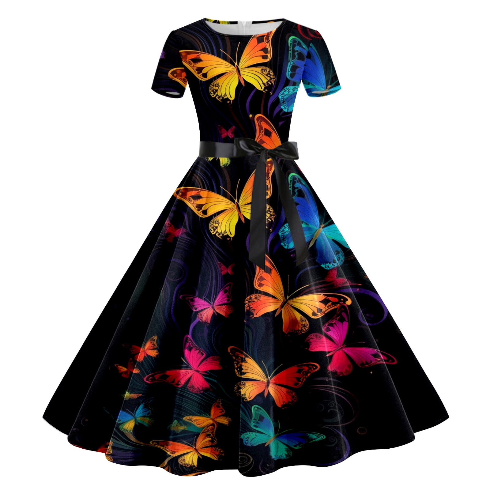 YUHAOTIN Female Mesh Dress Women Print Round Neck Short Sleeve 1950S ...