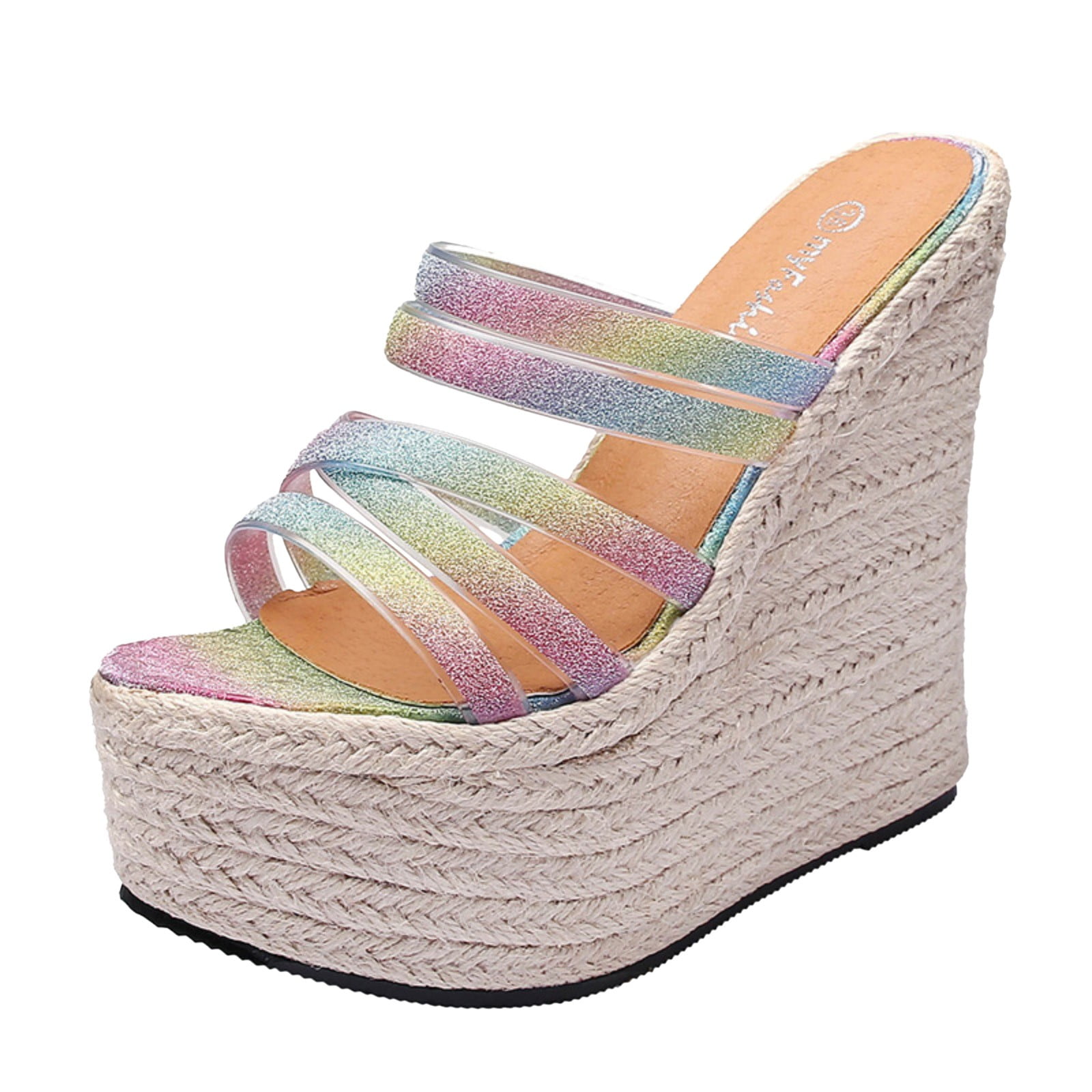 YUHAOTIN Female Nude Strappy Sandals Ultra High Wedge Heel Multi Strap ...