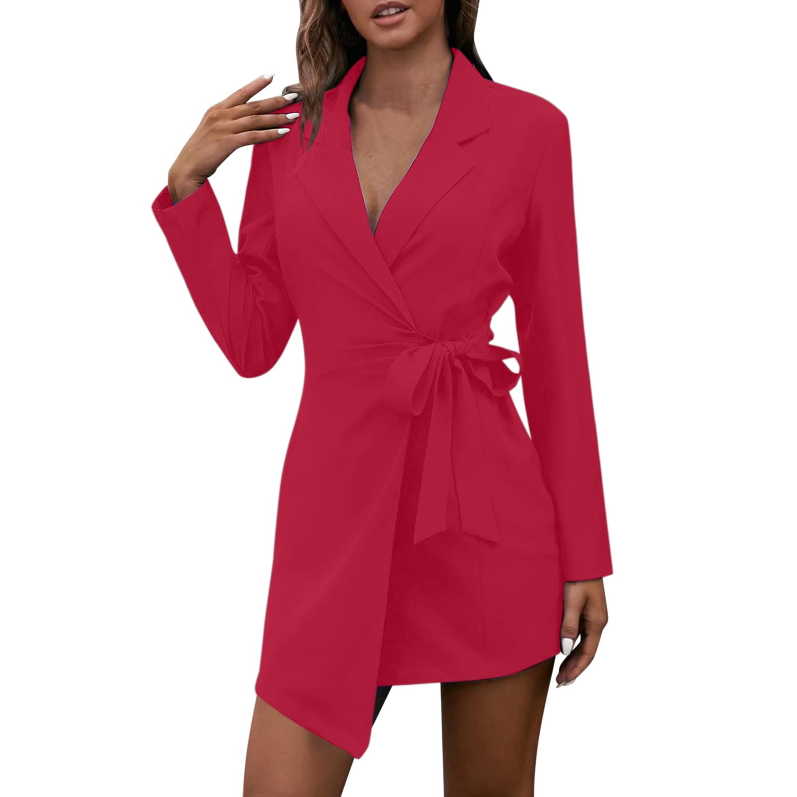 Yuhaotin Female Women Blazers Women Fashion Suit Collar Solid Color Tie Waist Long Sleeve Dress