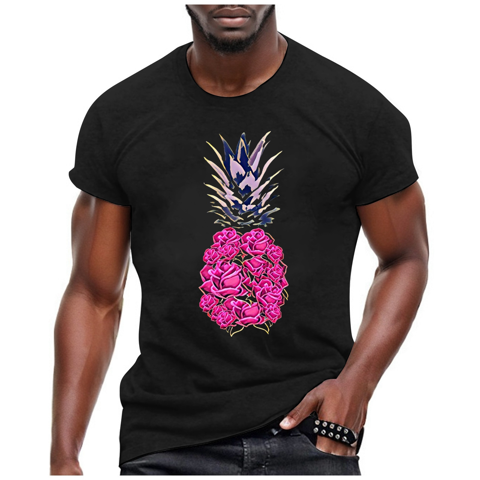 YUHAOTIN White Tshirt Men's Pineapple Crew Neck T Shirt Men's Top Shirt Style Five Heavy Weight ...