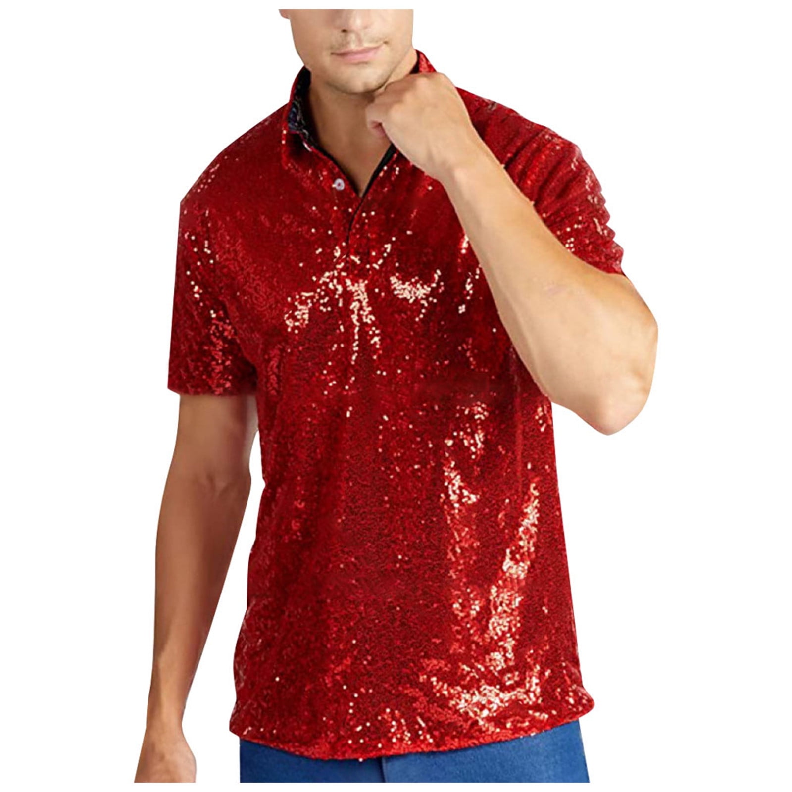 YUIVH Mens Loose Fit Lightweight Polo Shirts Relaxed Short Sleeve Turndown Sequins Shirts 70s ...