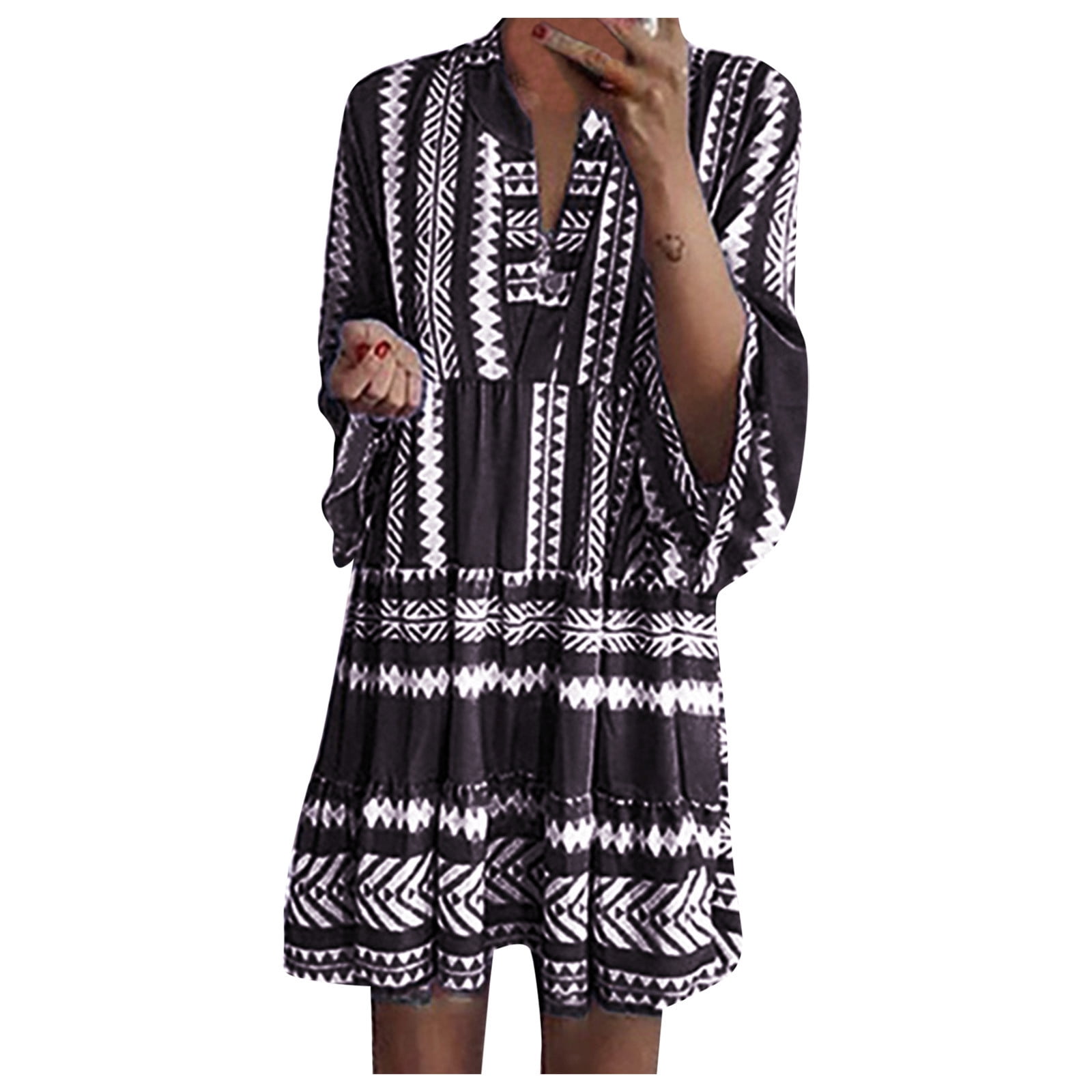 YUIVH Womens Summer Casual Boho Dress Long Sleeve V Neck Print Tunic ...
