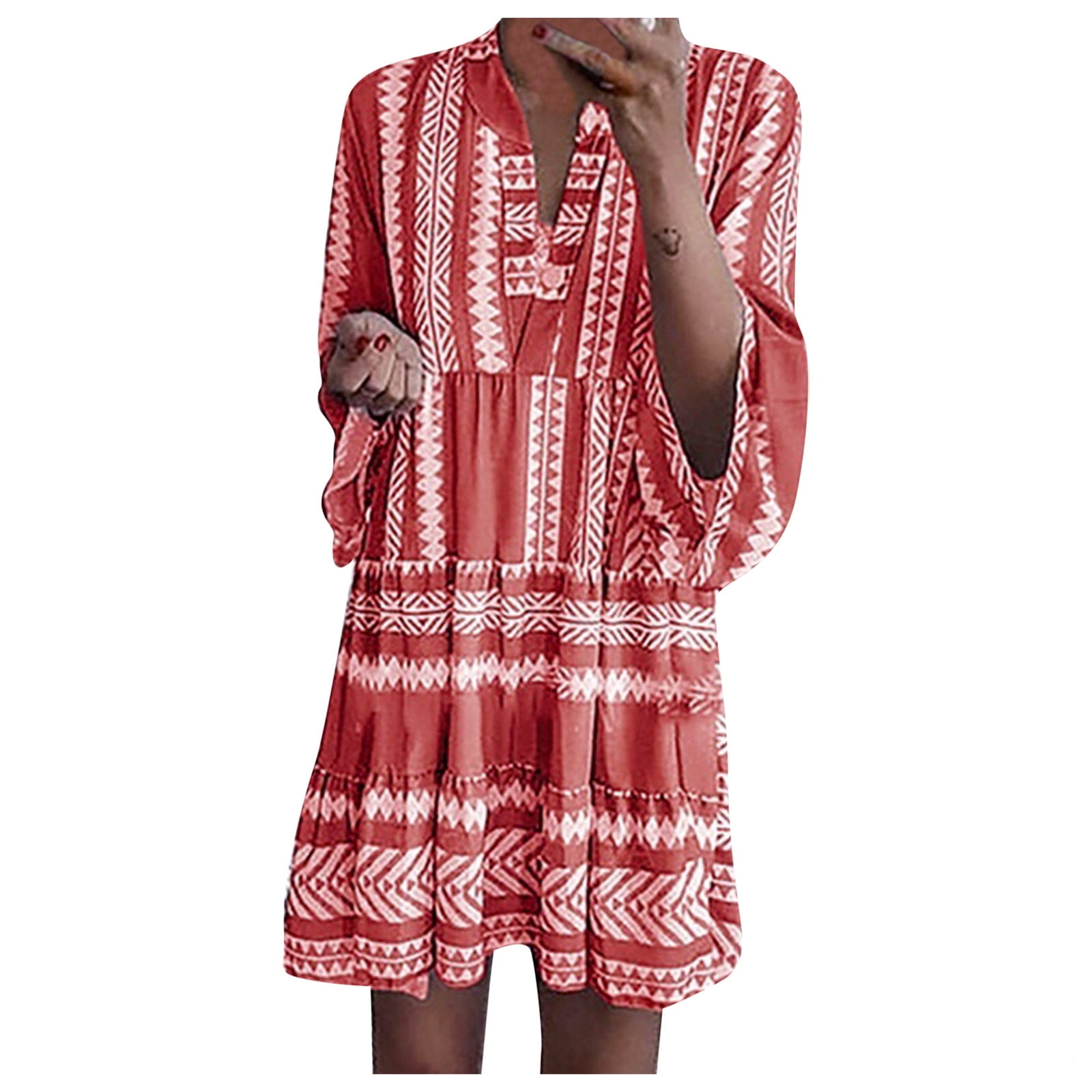 YUIVH Womens Summer Casual Boho Dress Long Sleeve V Neck Print Tunic ...