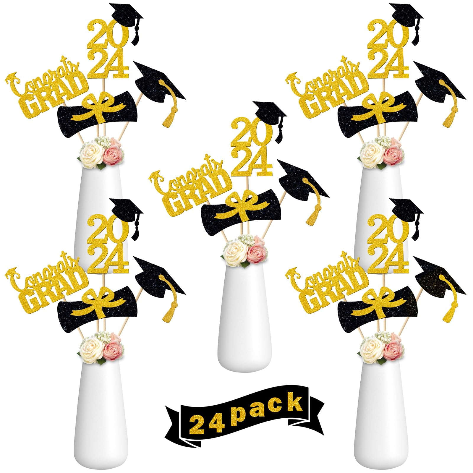 YUJUN 24PCS 2024 Gold Graduation Party Centerpiece for Tables Sticks ...