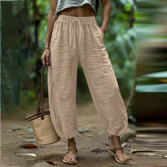 YUNAFFT Breathable Linen-Like Drawstring Waist Relaxed Fit Ankle-Length ...