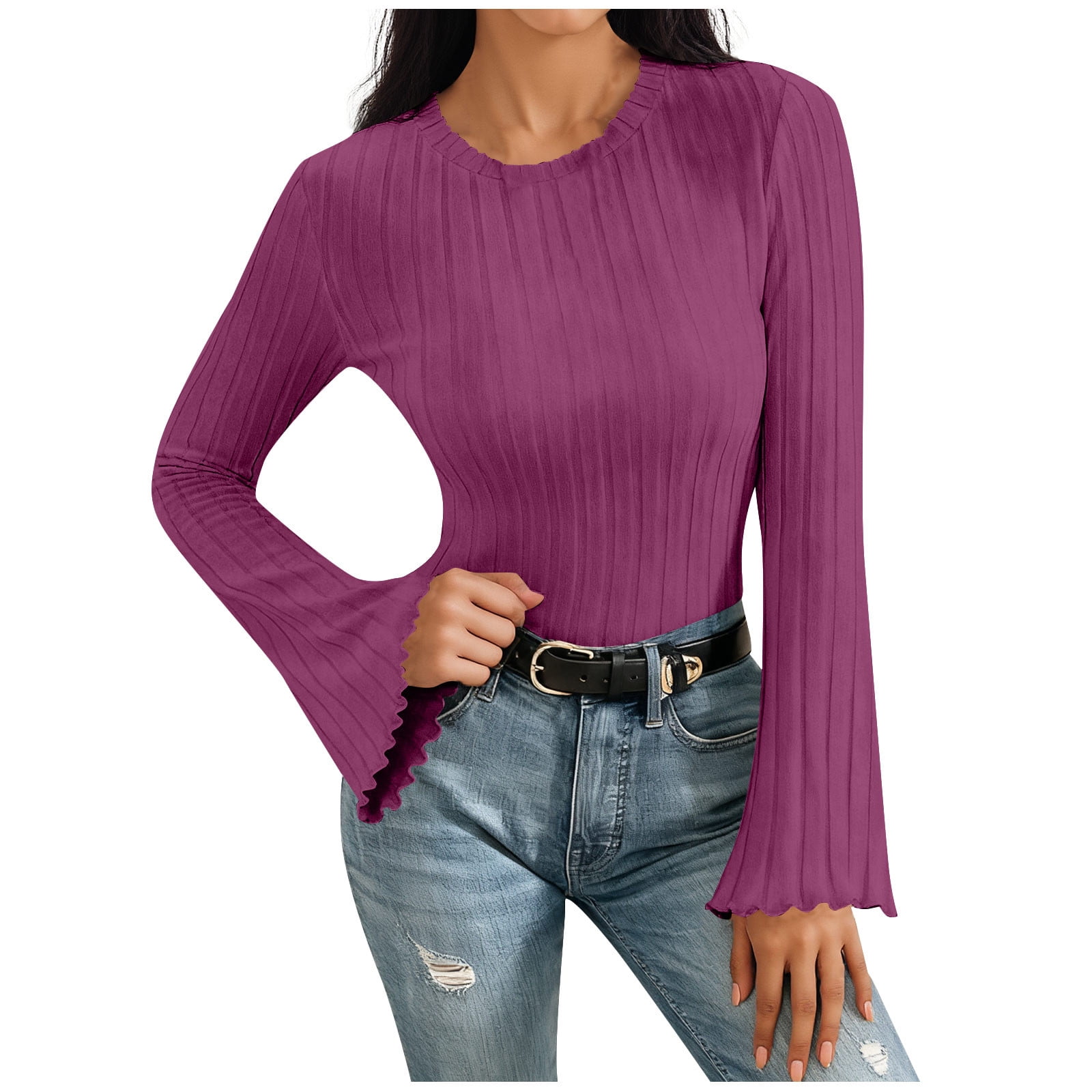 YUNAFFT Chic Solid Color Ribbed Brushed Round Neck Long Sleeve Blouse ...