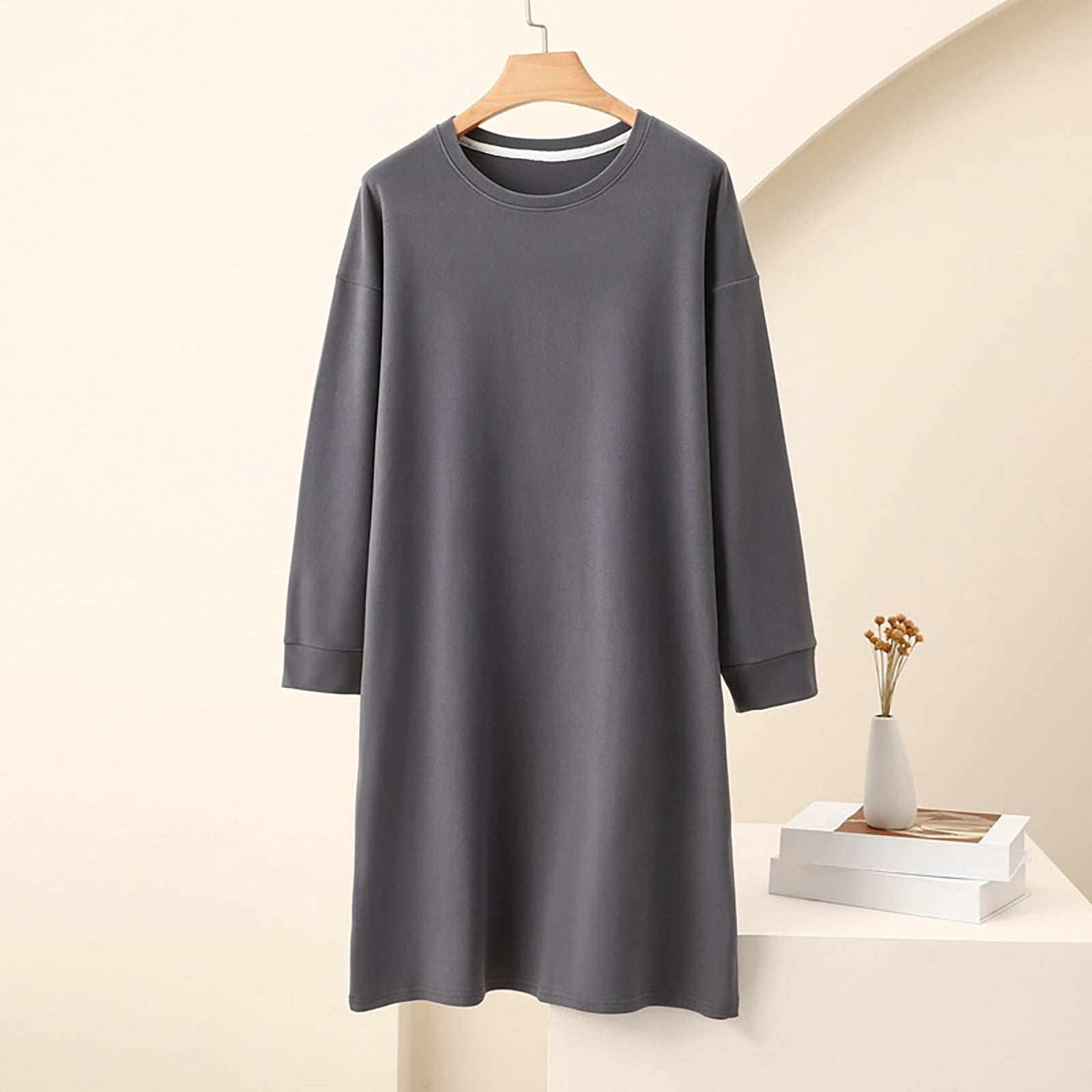 YUNAFFT Cozy Solid Color Brushed Flannel Nightgown with Round Neck and ...