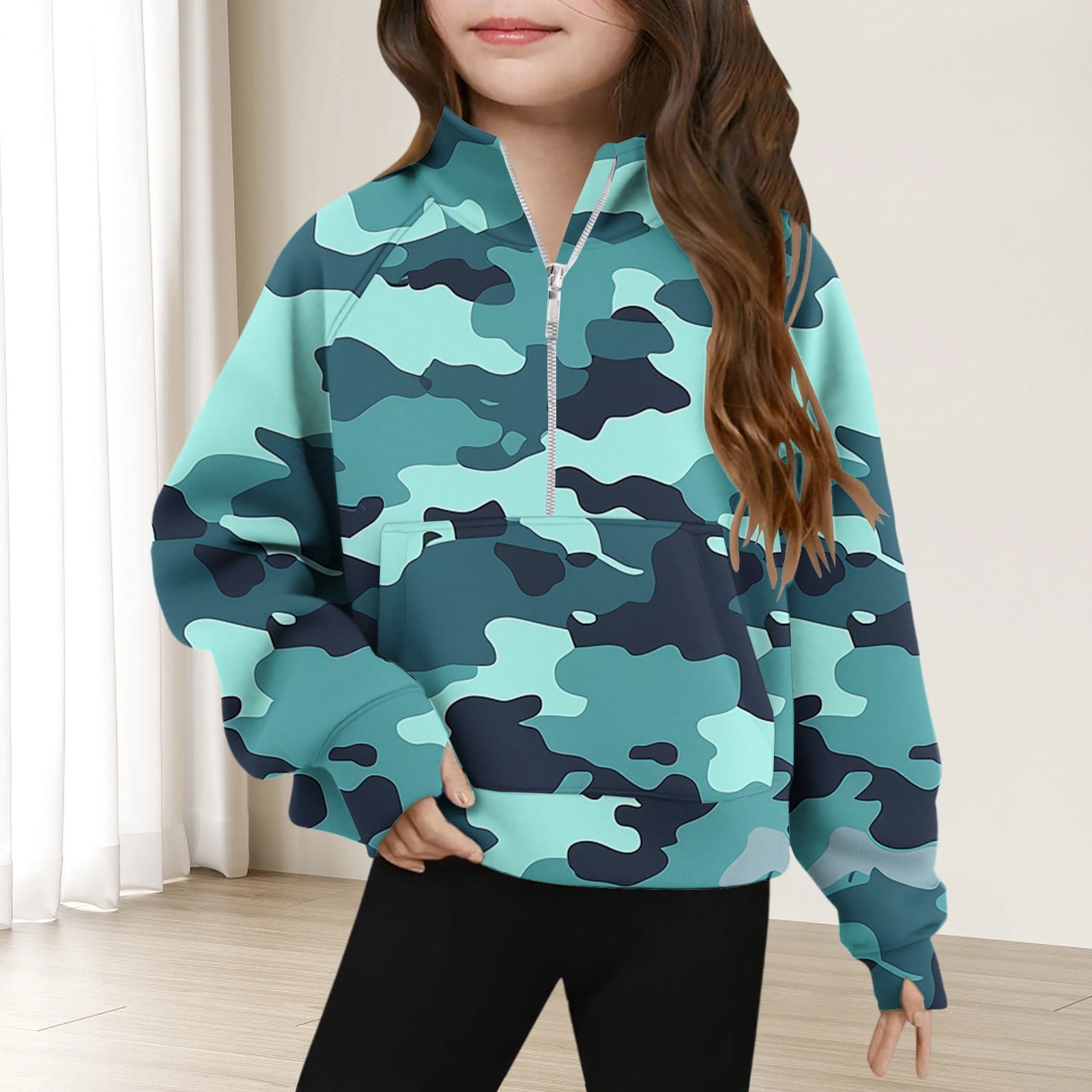 YUNAFFT Girls Camo Half-Zip Hoodie Thumbhole Cuffs Military Style ...