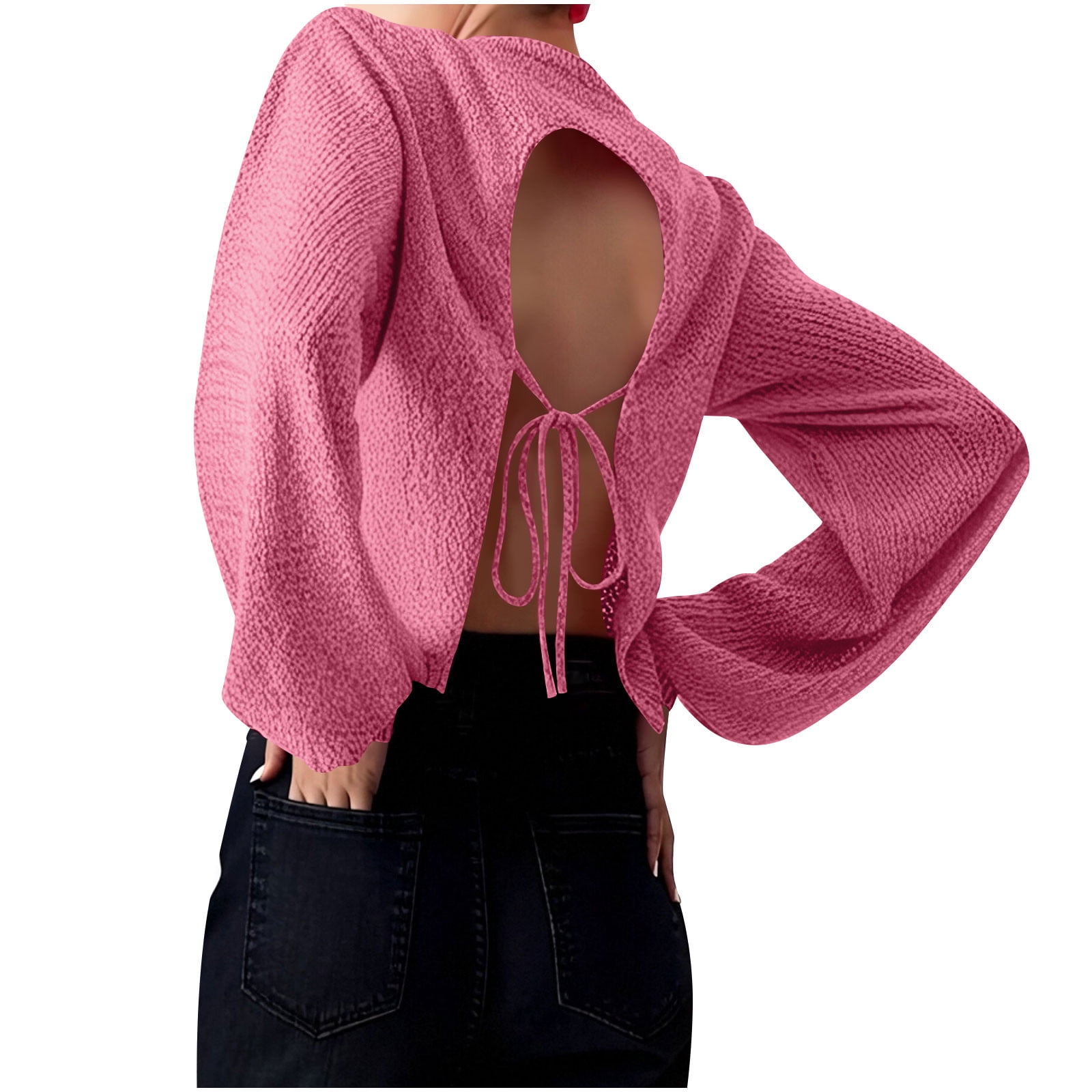 YUNAFFT Sensual Open Back Tie Detail Knit Sweater with Soft Stretch ...