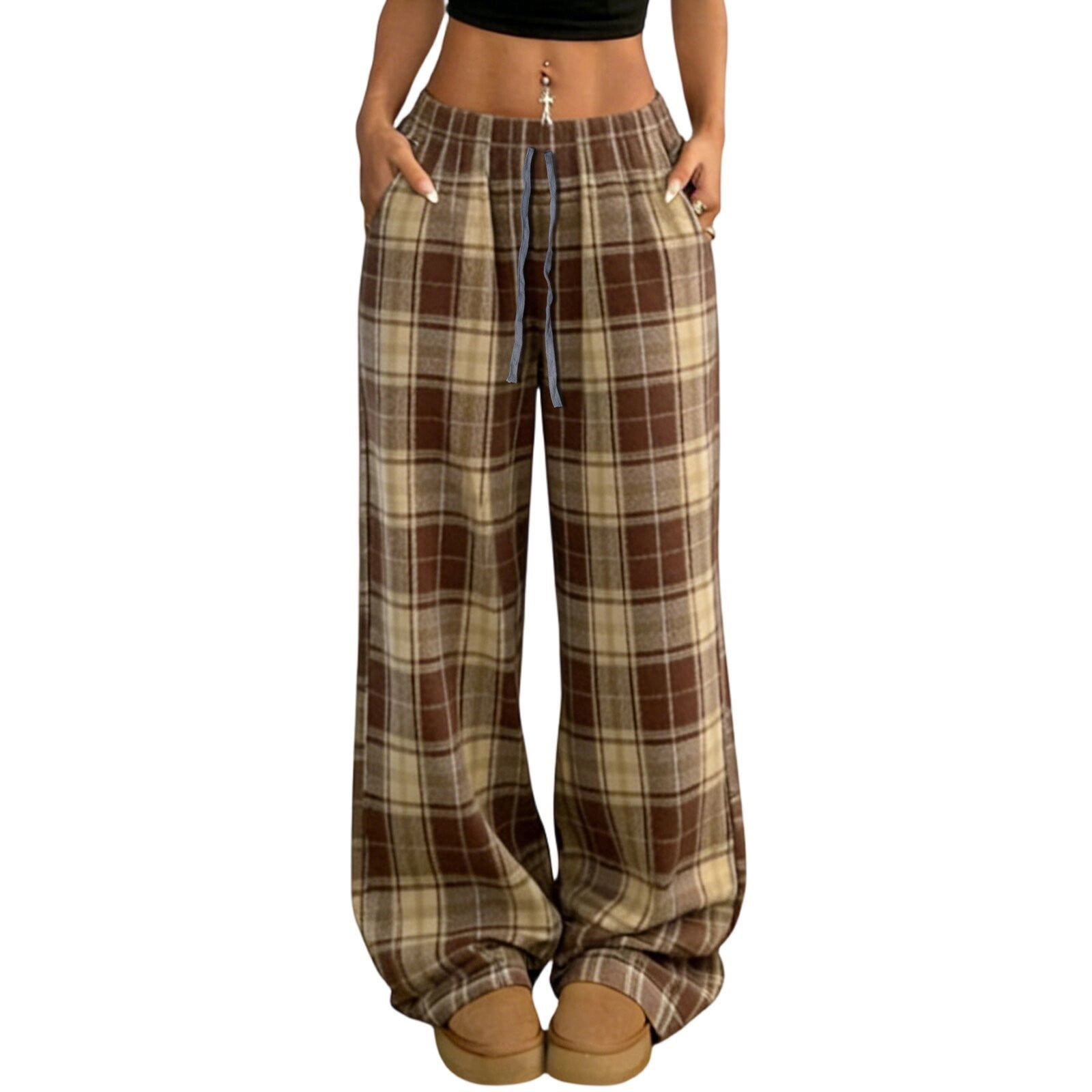 YUNAFFT Women's Relaxed Fit Plaid Pattern Elastic Waist Casual Pants ...