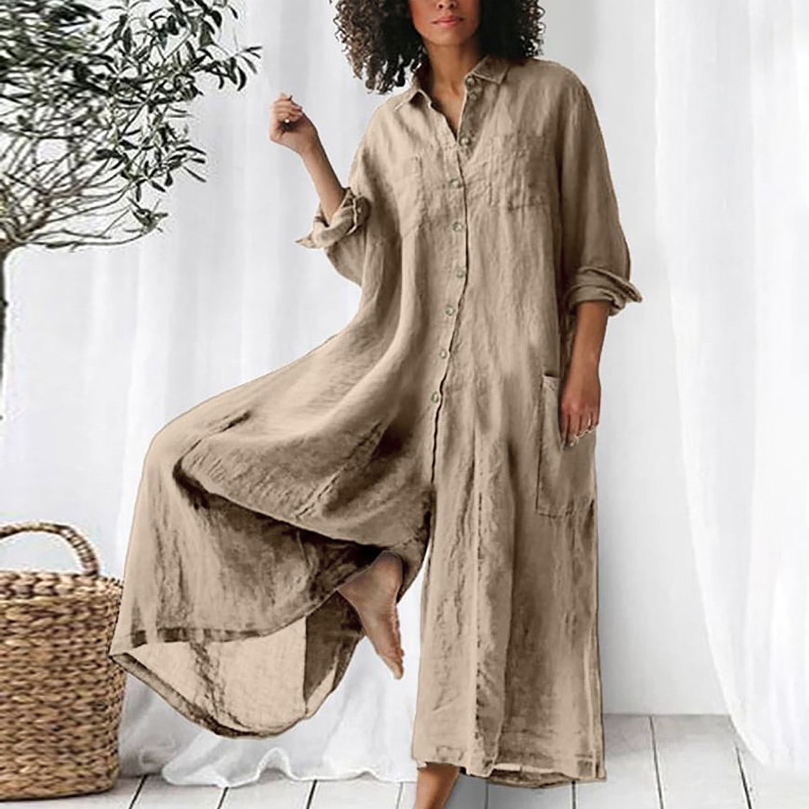 Babysbule Women's Casual Cotton Linen Jumpsuit, Turn-Down Collar ...