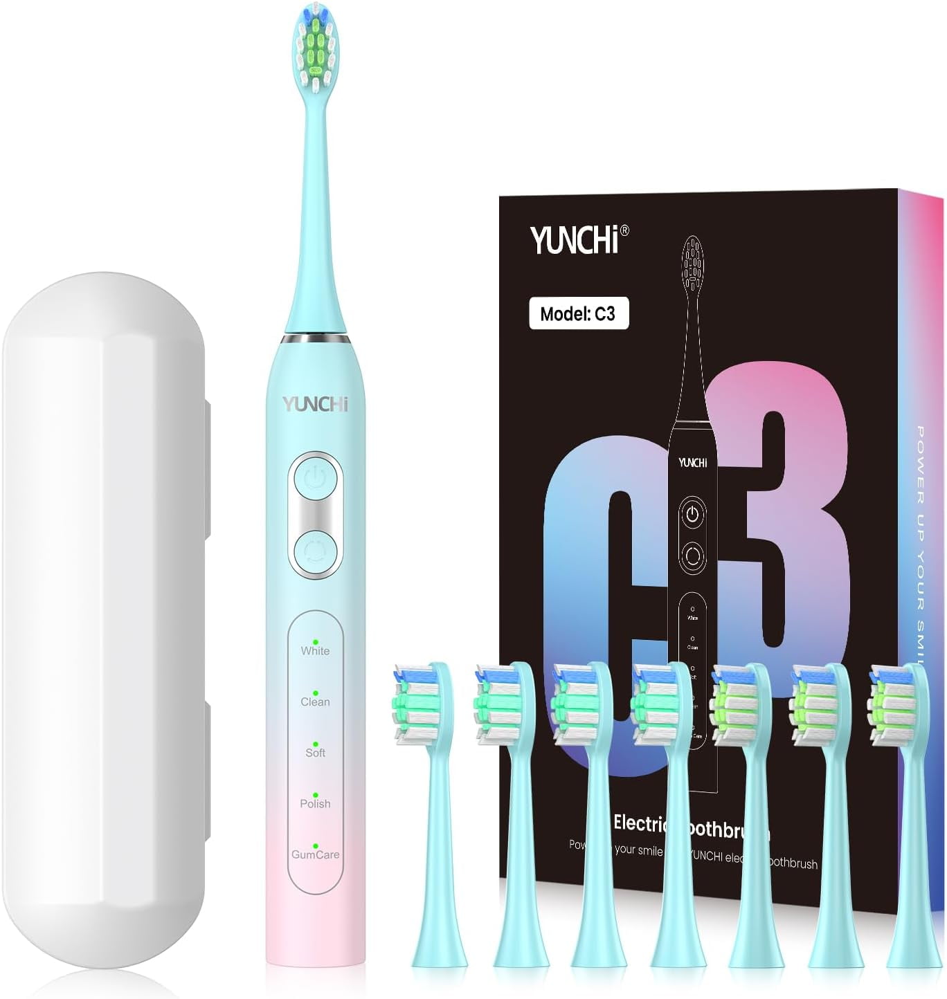 YUNCHI C3 Adult Rechargeable Sonic Toothbrush with 8 Soft Brush Heads ...