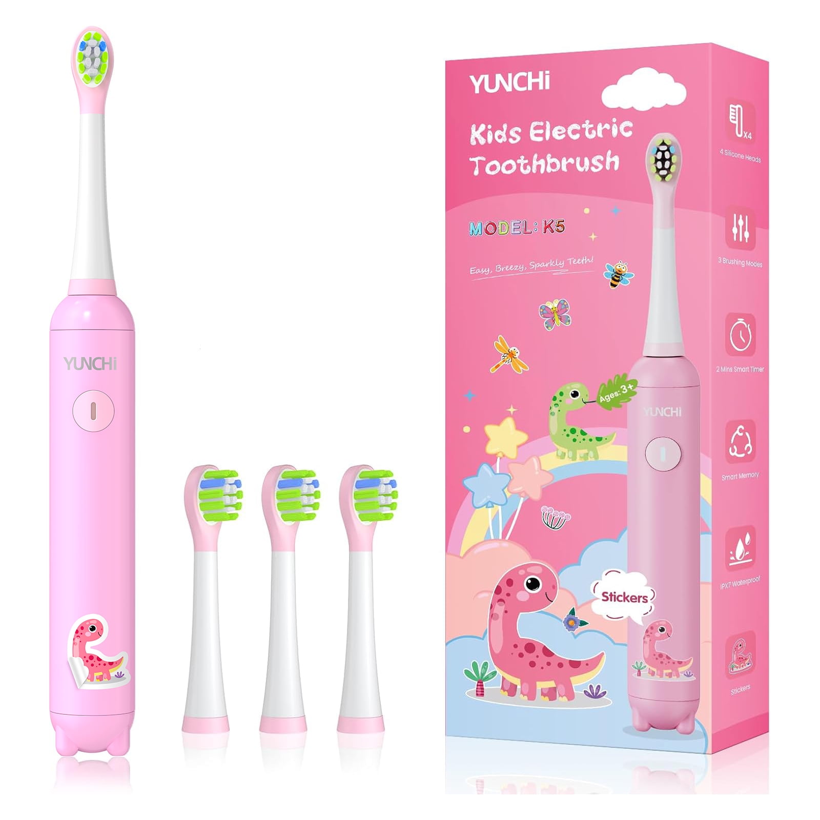 YUNCHI K5 Kids Electric Toothbrush, Rechargeable, 3 Modes, Timer, 4 ...