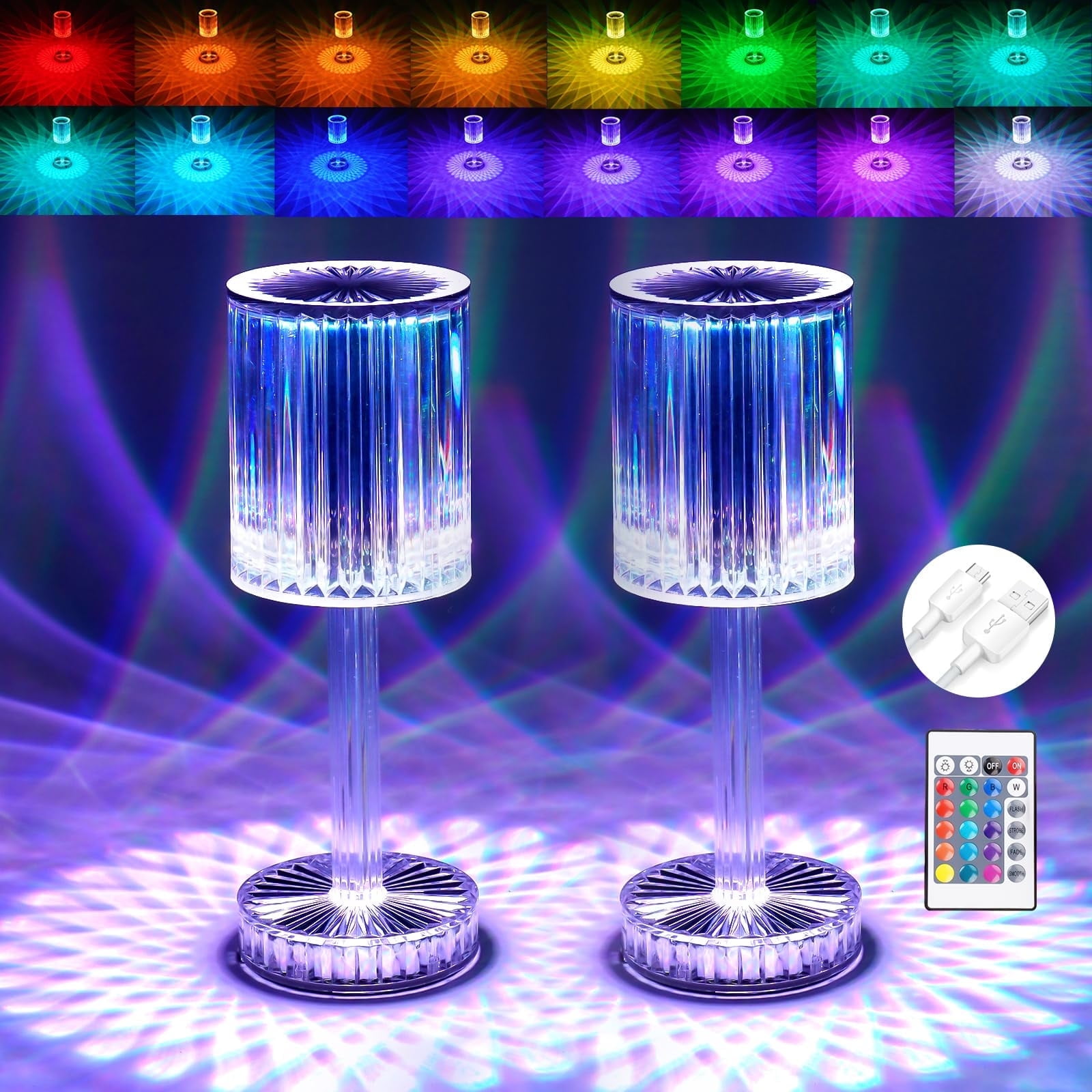 YUNOVA 2 Pack Crystal Table Lamp 16 Color Changing Touch Crystal Lamp ...