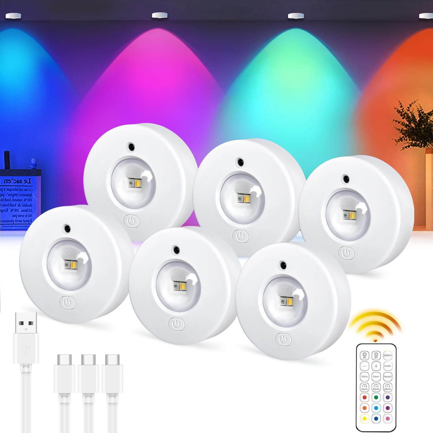 YUNOVA 6 Pack Wireless Under Cabinet Lighting, Rechargeable RGB LED ...