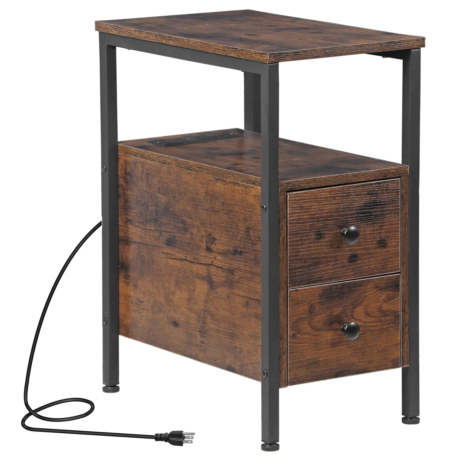 YUNTIE End Table with Charging Station, Narrow Side Table with 2 Drawer ...