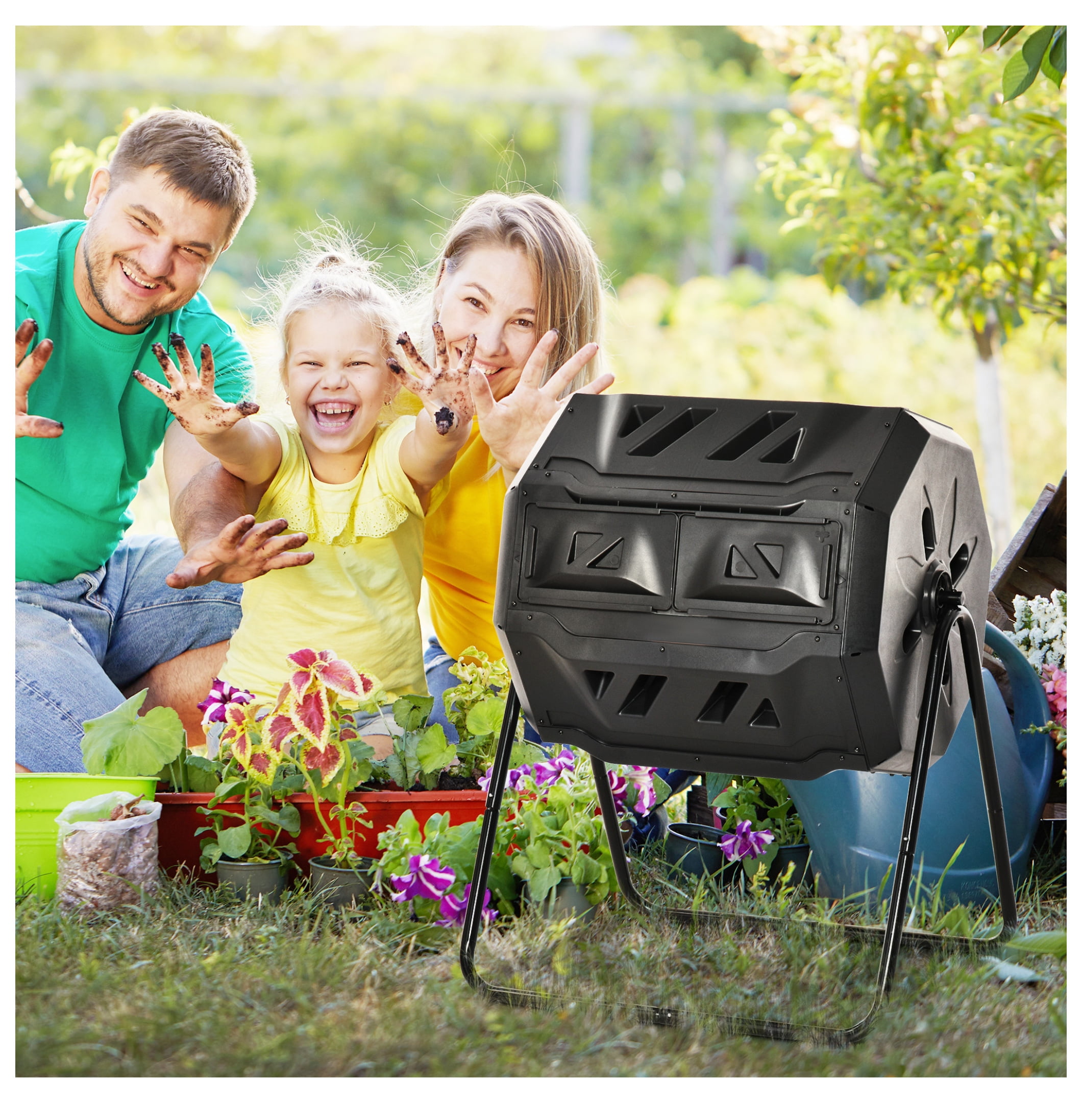 YUNTIE Garden Compost Bin Dual Rotating Outdoor Composter with Sliding ...