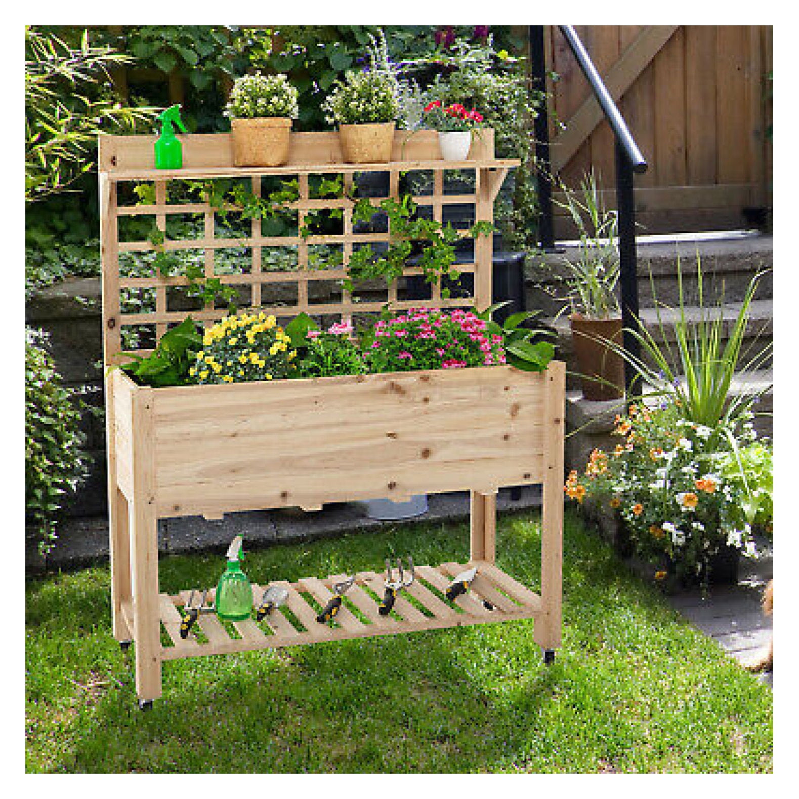YUNTIE Mobile Elevated Wooden Planter Box Raised Garden Bed w/ Wheels ...