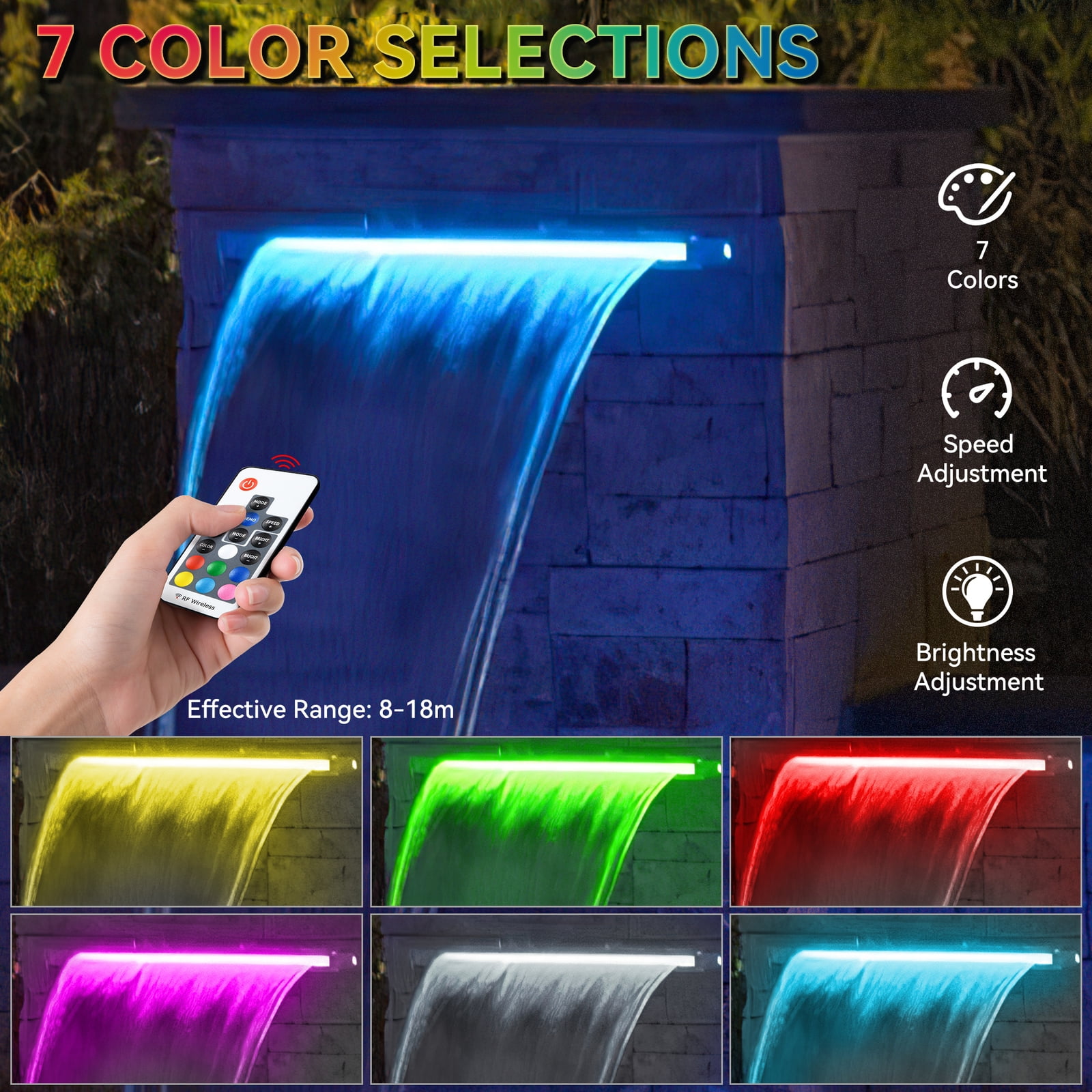 YUONAO 24" LED Pool Waterfall Fountain with Remote, Acrylic Color ...
