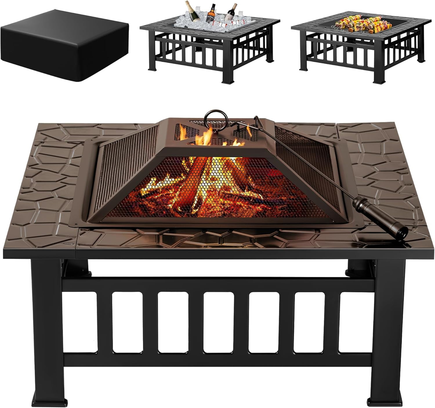 YUONAO 32 Inch Outdoor Fire Pit Table with Waterproof Cover, Square ...