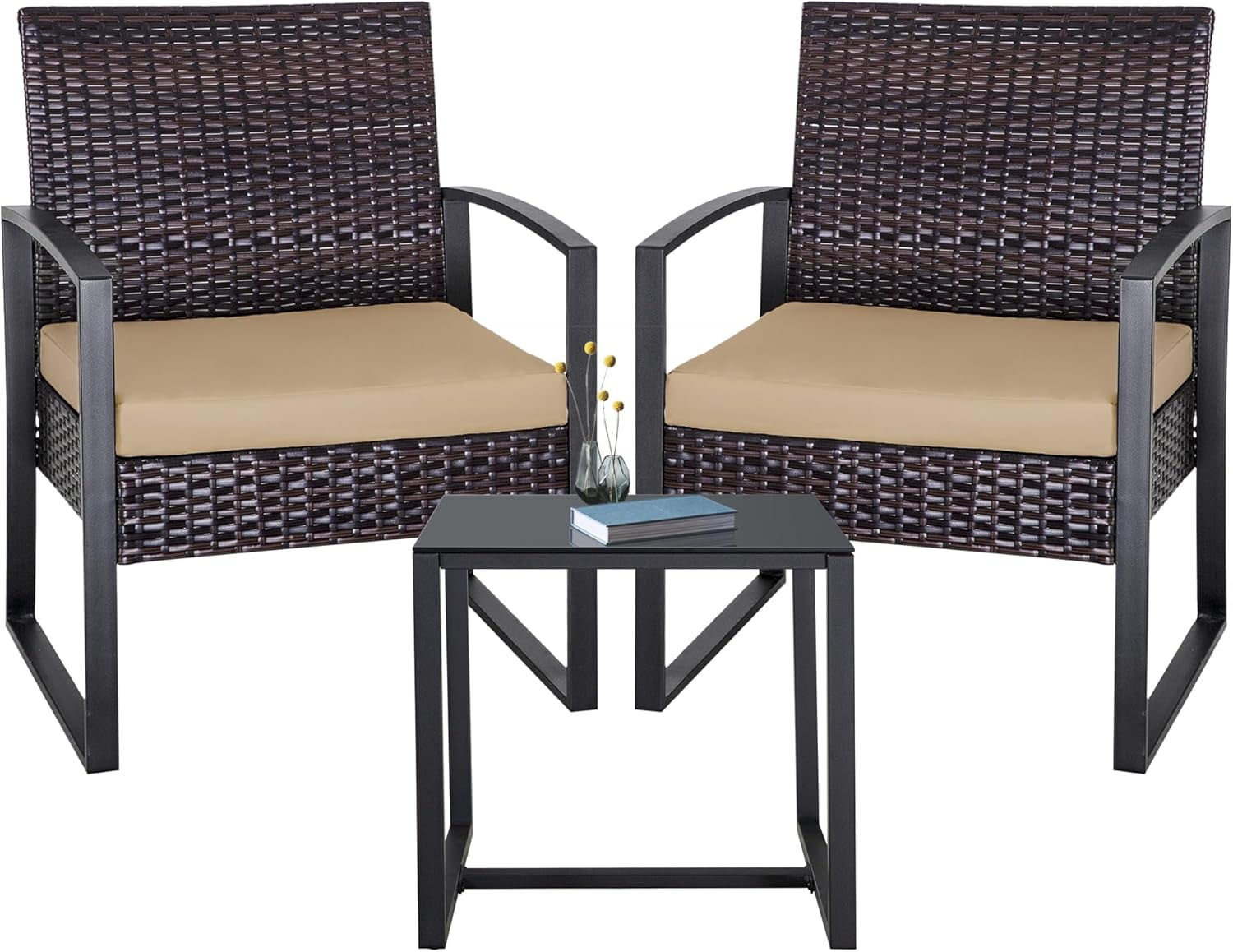 YUONAO 3PCS Outdoor Wicker Patio Furniture Set with Cushions and Glass ...