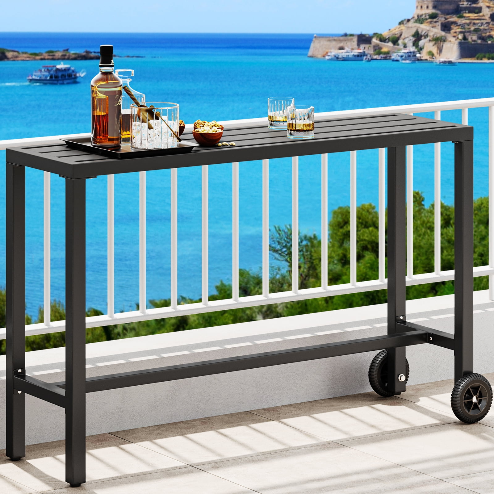 YUONAO 55" Outdoor Bar Table with Wheels, Rustic Counter Height Patio ...