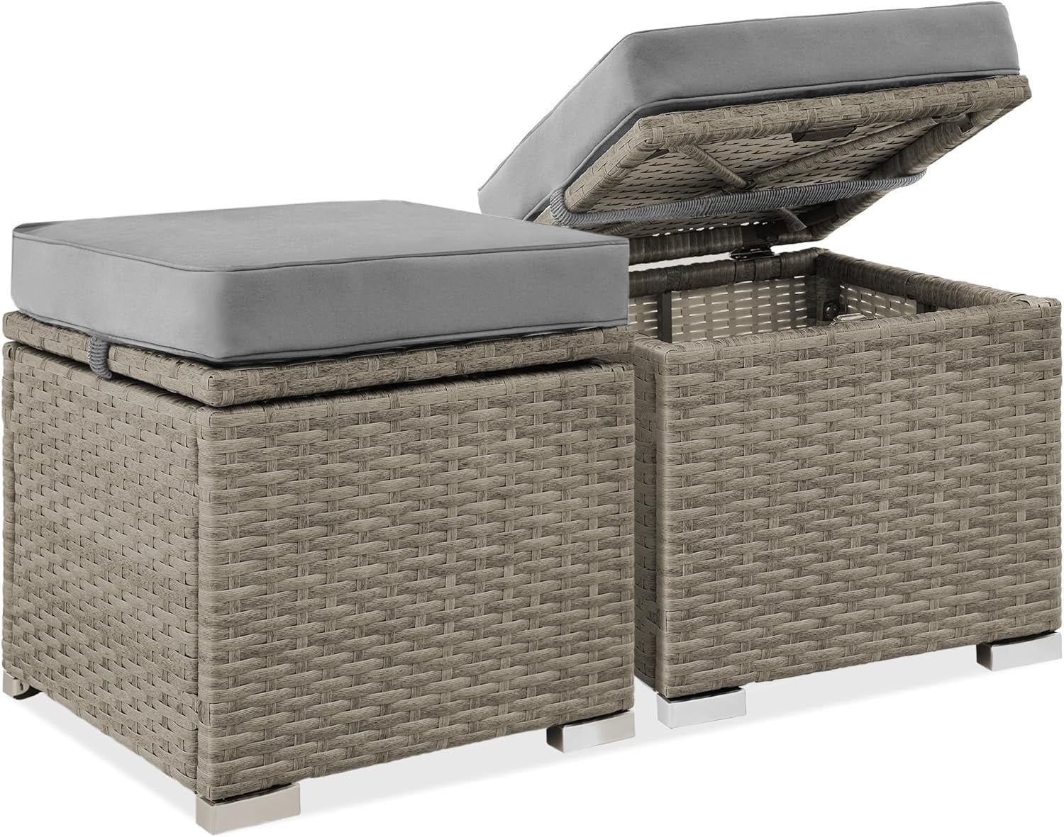YUONAO Set of 2 Outdoor Wicker Ottomans with Removable Cushions, Patio ...