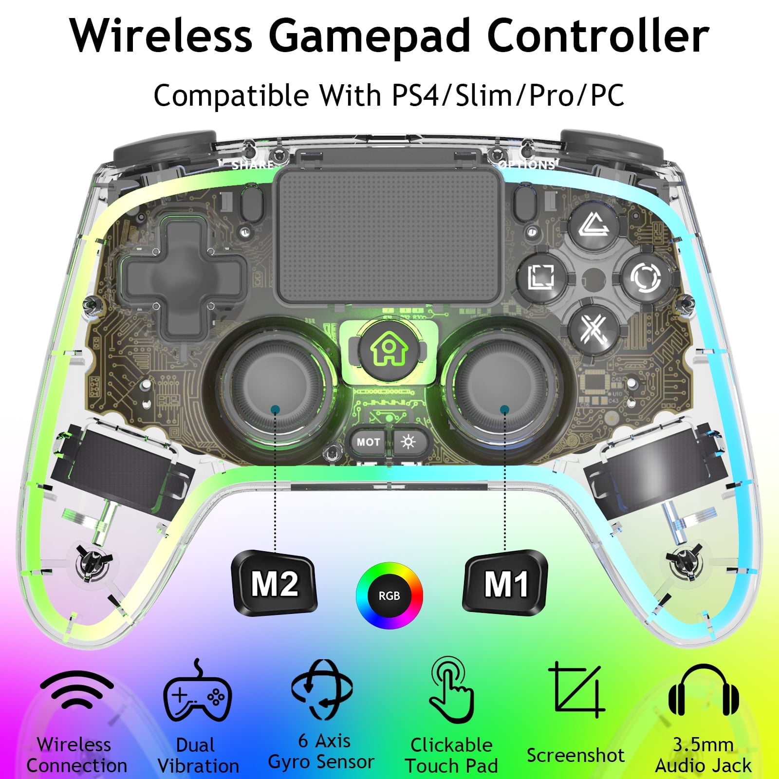 YUOY Wireless Controller for PS4 with RGB Light,Remote Control ...