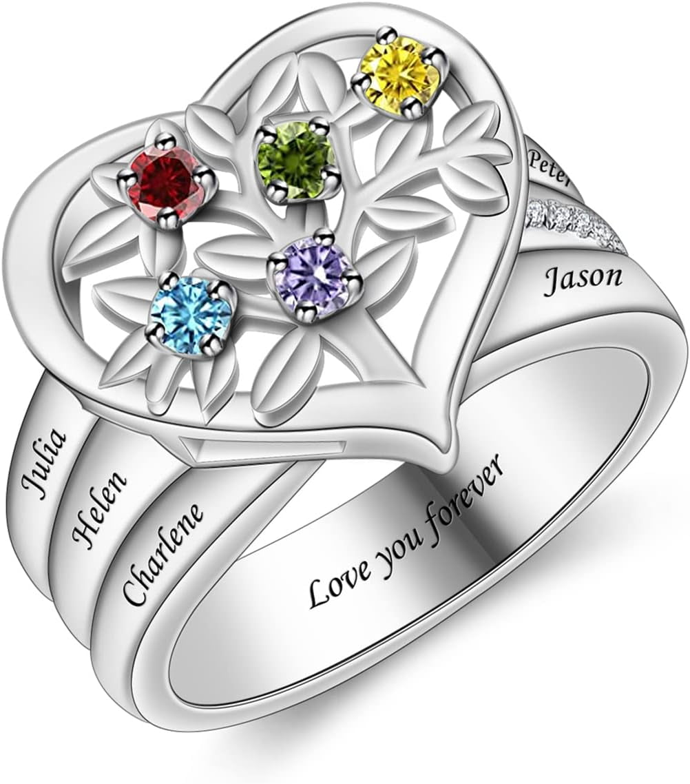 YUPPOLKR Family Tree Ring Personalized Mother Ring 1-8 Birthstones ...