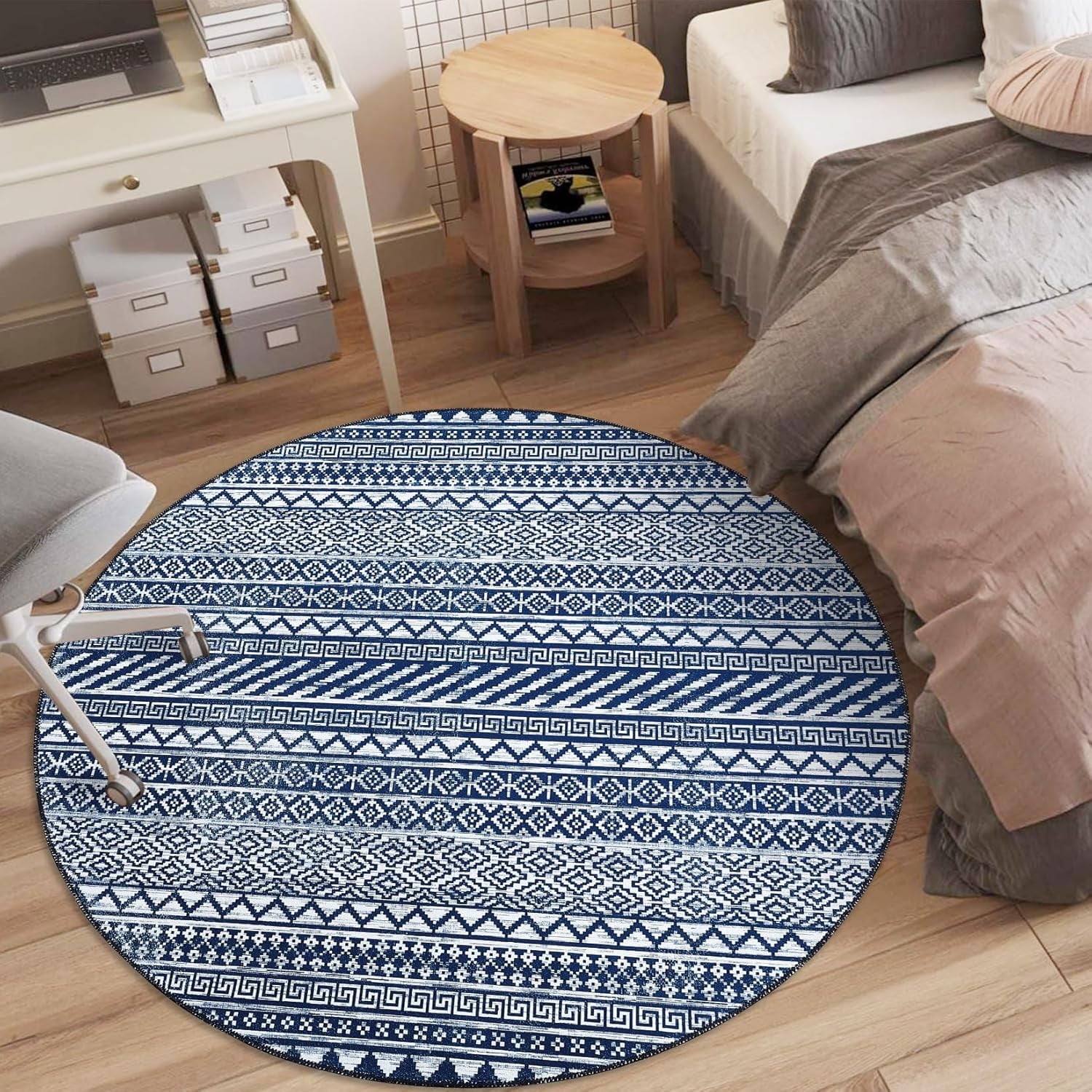 YUSAZENS 4 Ft Round Geometric Rug, Non-Slip Washable Circle Rug, Ultra ...