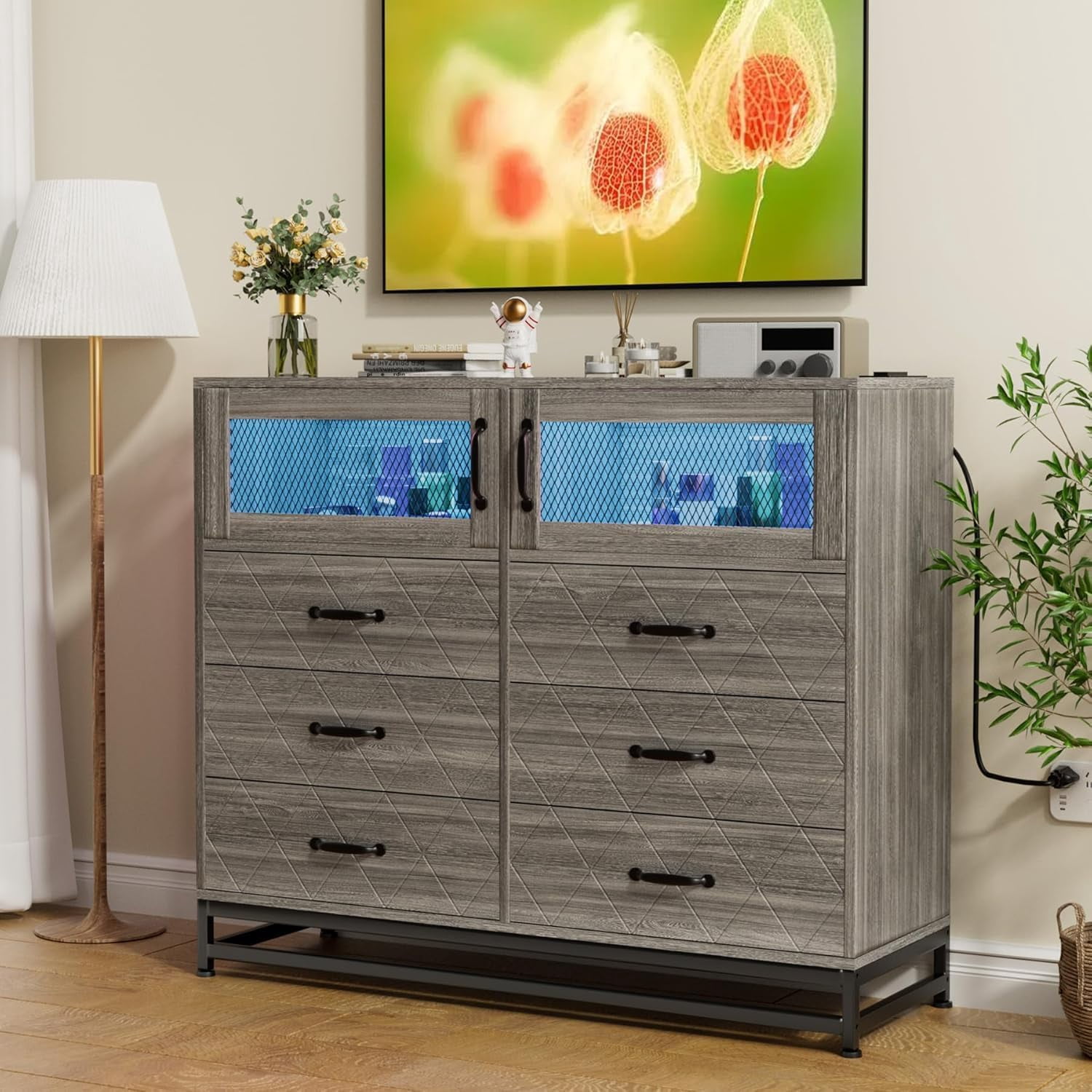 YUSAZENS 6 Drawer Dresser for Bedroom with LED Lights & Charging ...