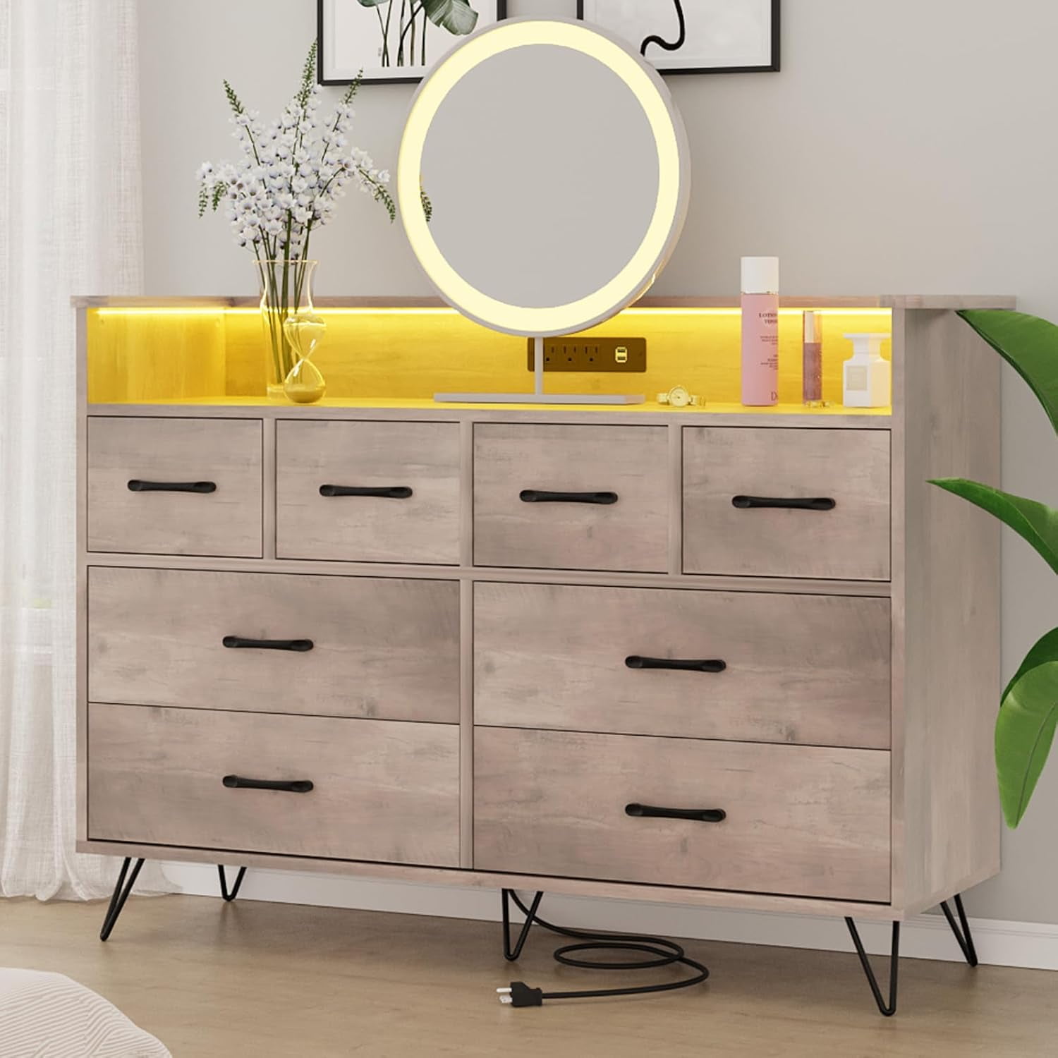 YUSAZENS Dresser for Bedroom with LED Light & Power Outlet, 8 Drawers ...