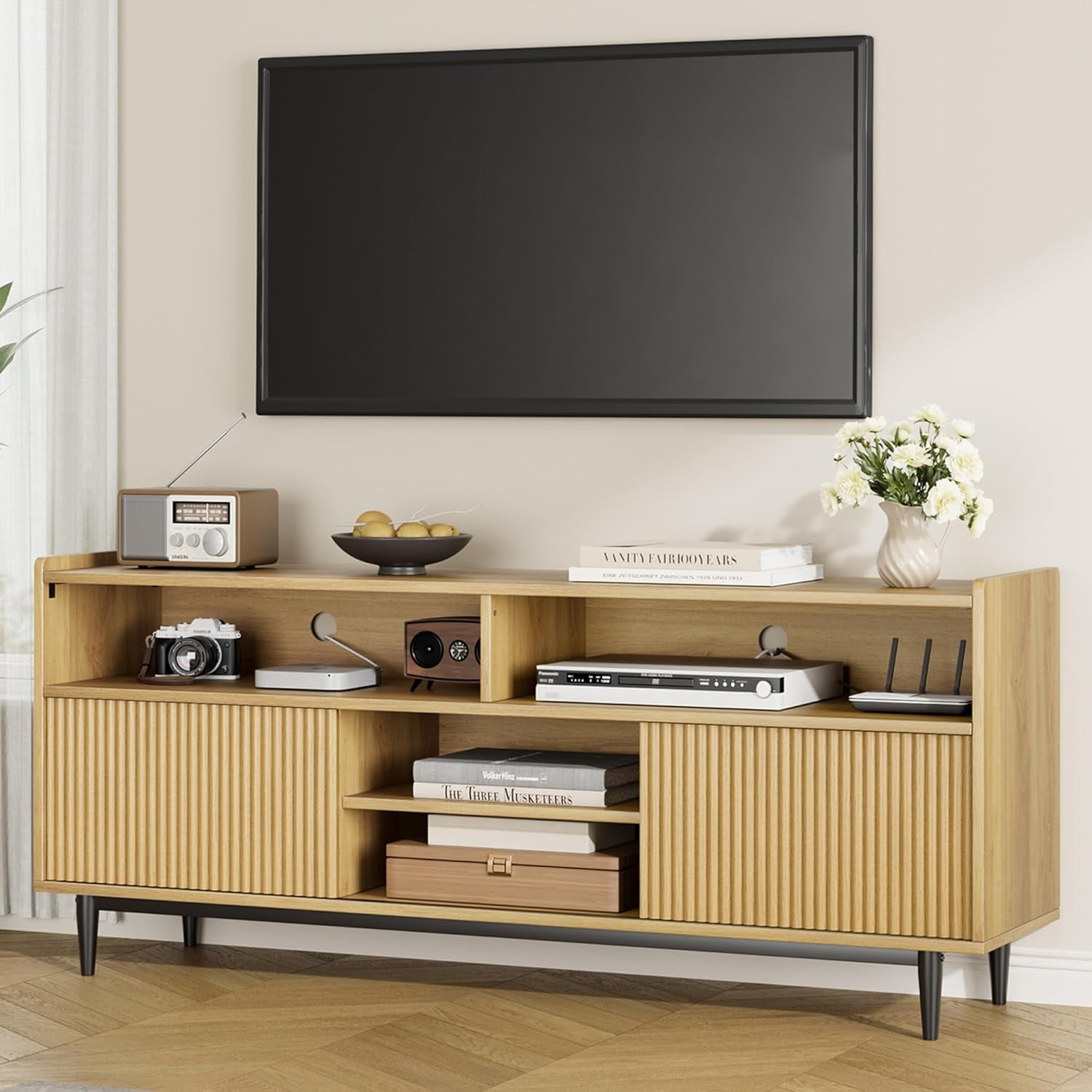 YUSAZENS Fluted TV Stand for 80-Inch TV, Boho Entertainment Center with ...