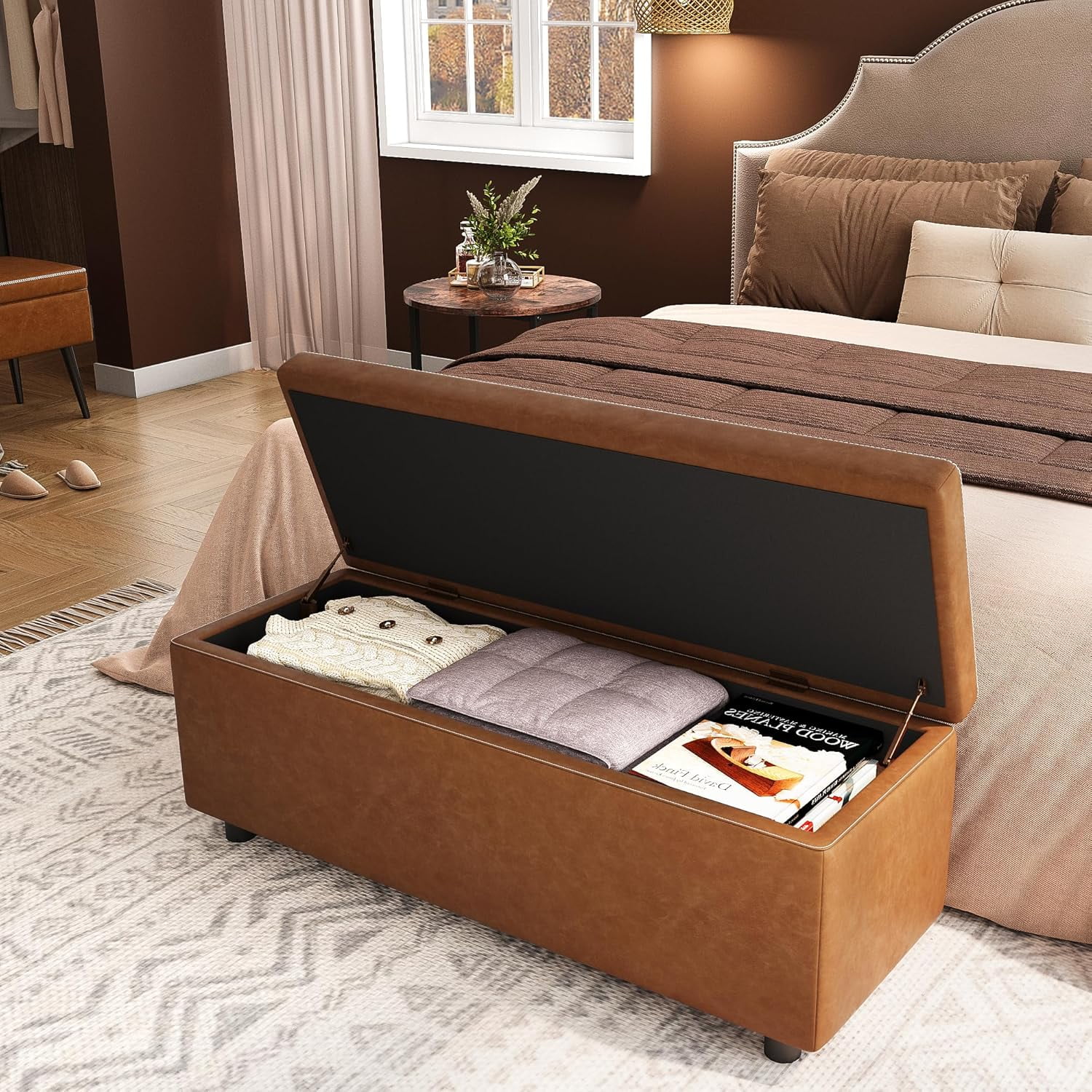 YUSAZENS Mid-Century Modern Storage Ottoman Bench, Synthetic Leather ...
