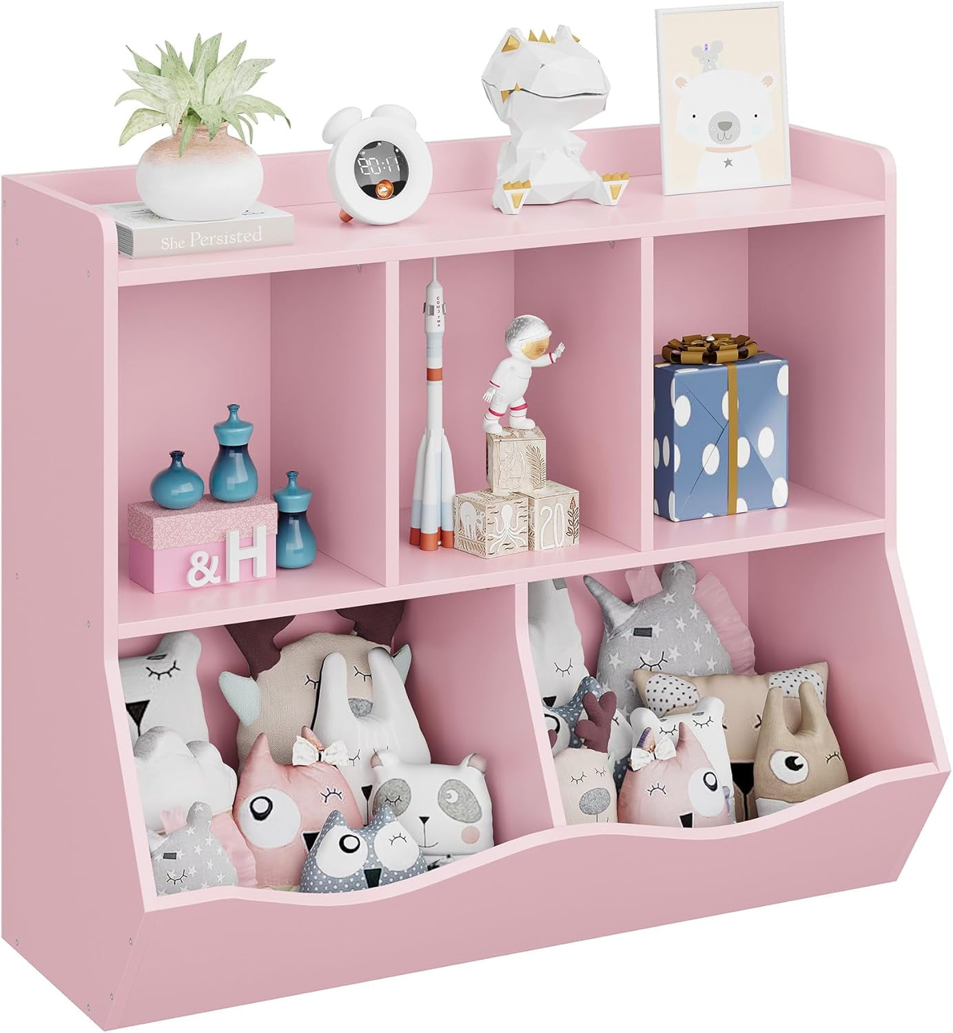 YUSAZENS Pink Toy Bookshelf and Organizer Cabinet with Multi-Shelf ...