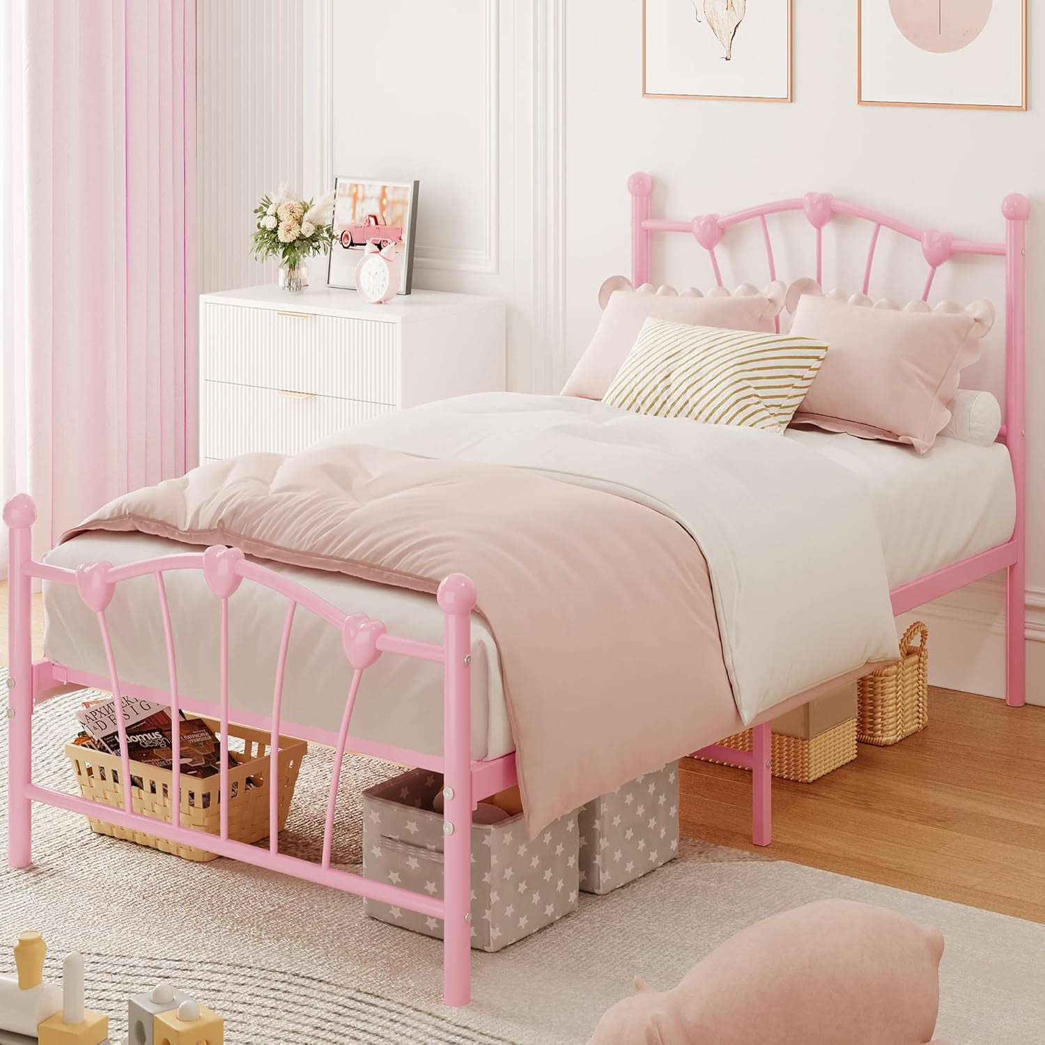 YUSAZENS Pink Twin Bed Frame for Girls, Metal Bed with Heart-Shaped ...