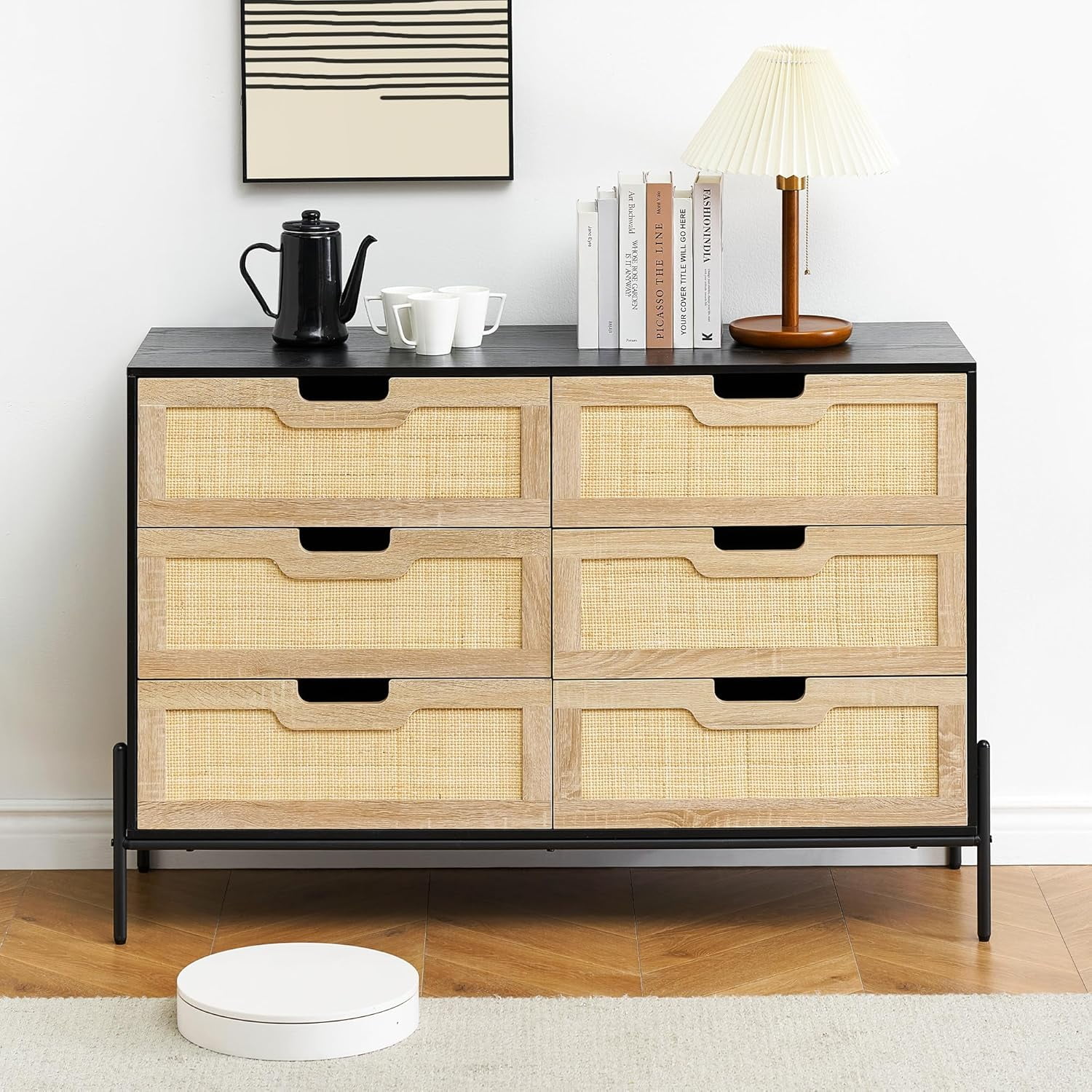 YUSAZENS Rattan 6-Drawer Dresser, Wide Mid-Century Modern Double ...